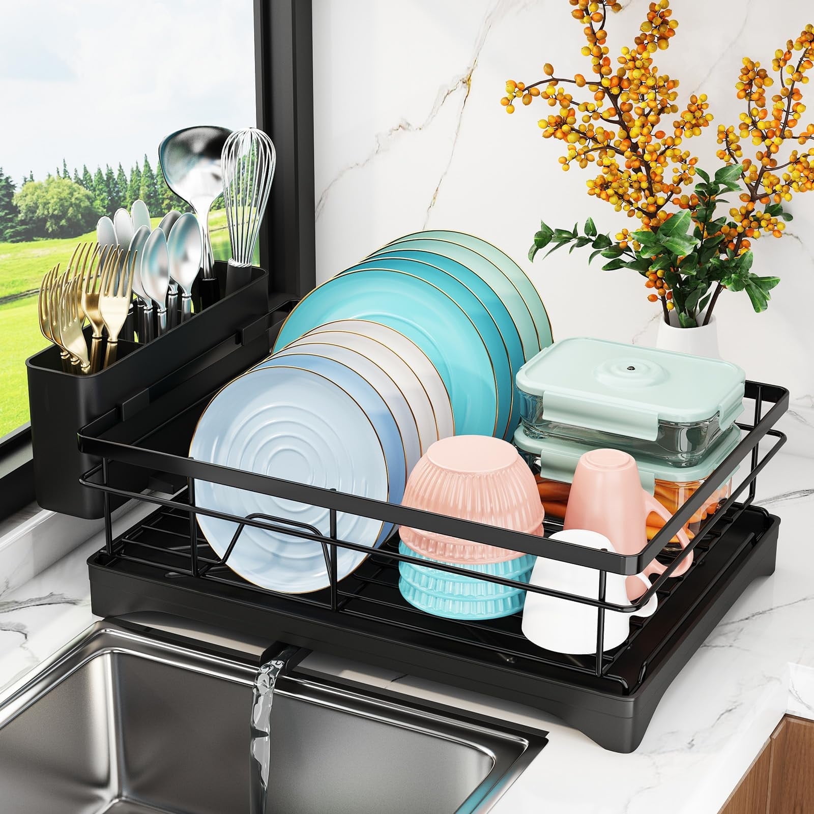Godboat Dish Drying Rack, Dish Rack with Auto-Drain, Dish Drainer with ...