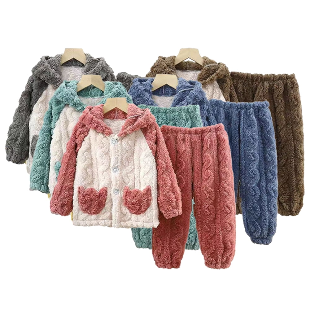 Godderr 2PCS Boys Girls Hooded Flannel Pajamas Set Fall Winter for Kids ...