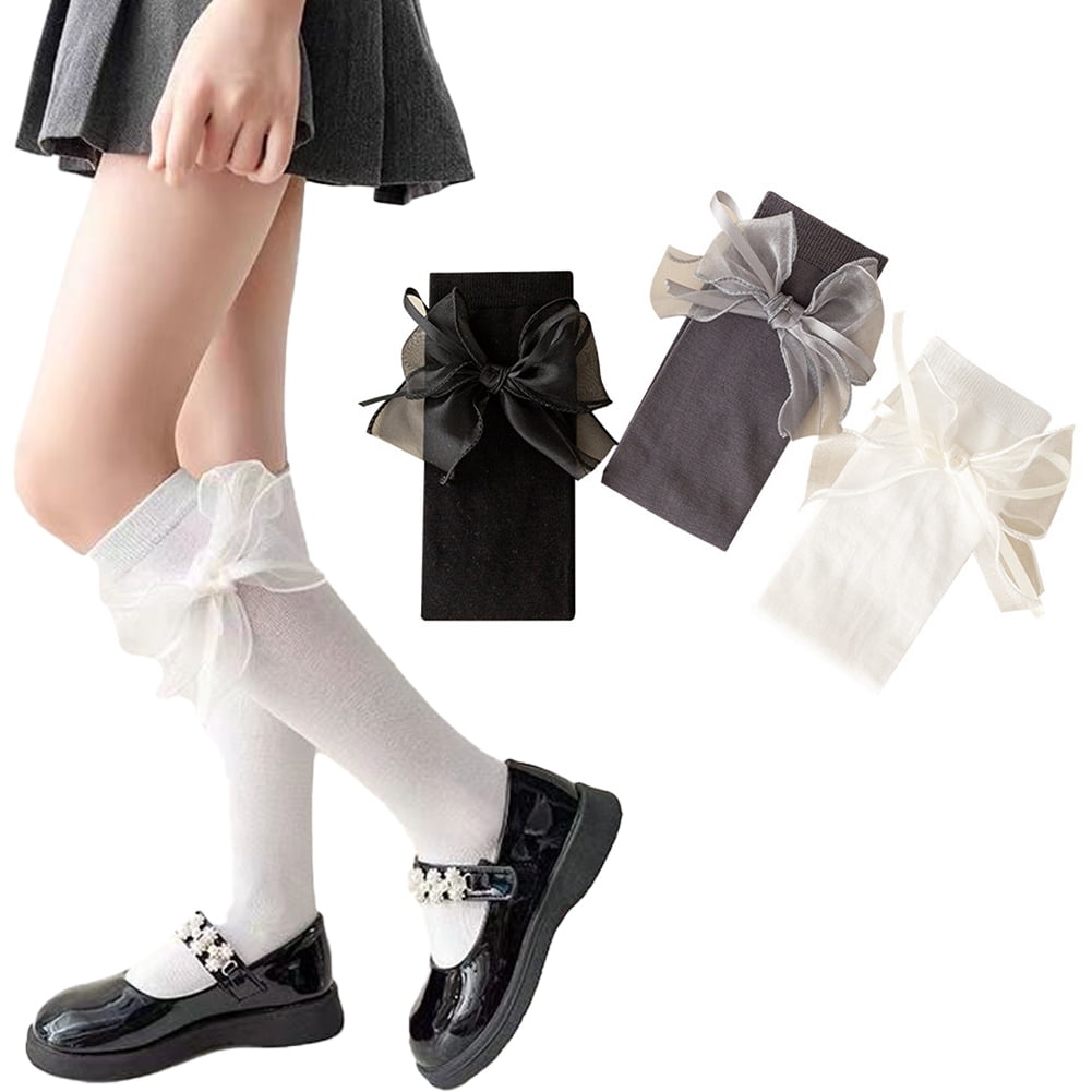 Godderr 3-12 Years Old Girls 2 Pairs Socks,Bow Tie Socks,Stacked Socks ...
