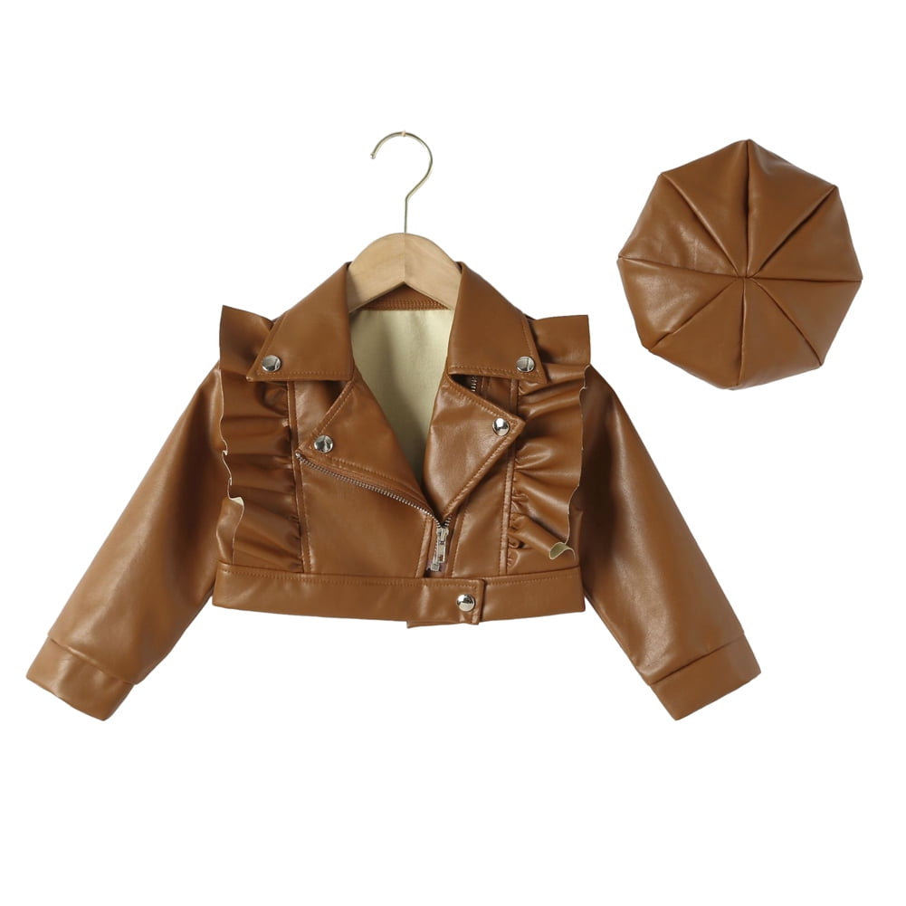 Godderr Girls Leather Jacket Short Coats for Baby Toddler Ruffle Edge ...