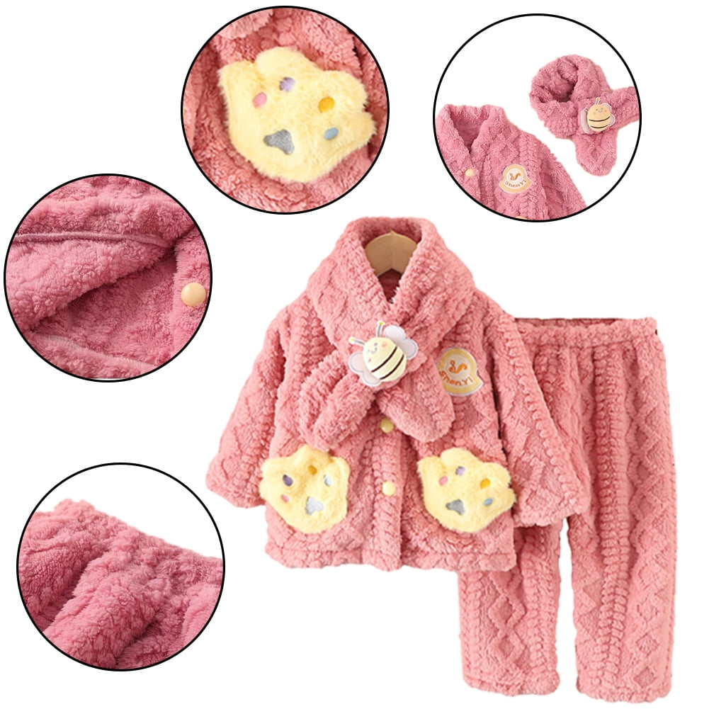 Godderr Kids Girls Button down Winter Fleece Pajama Set with Bee Scarf 3 Piece Toddler Flannel ...