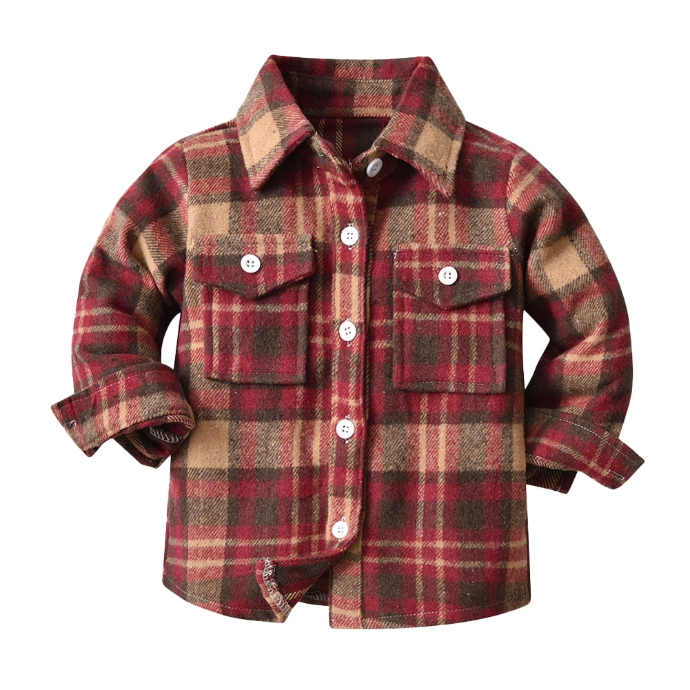 Godderr Kids Little Boys Girls Button Down Red Plaid Flannel Shirt ...