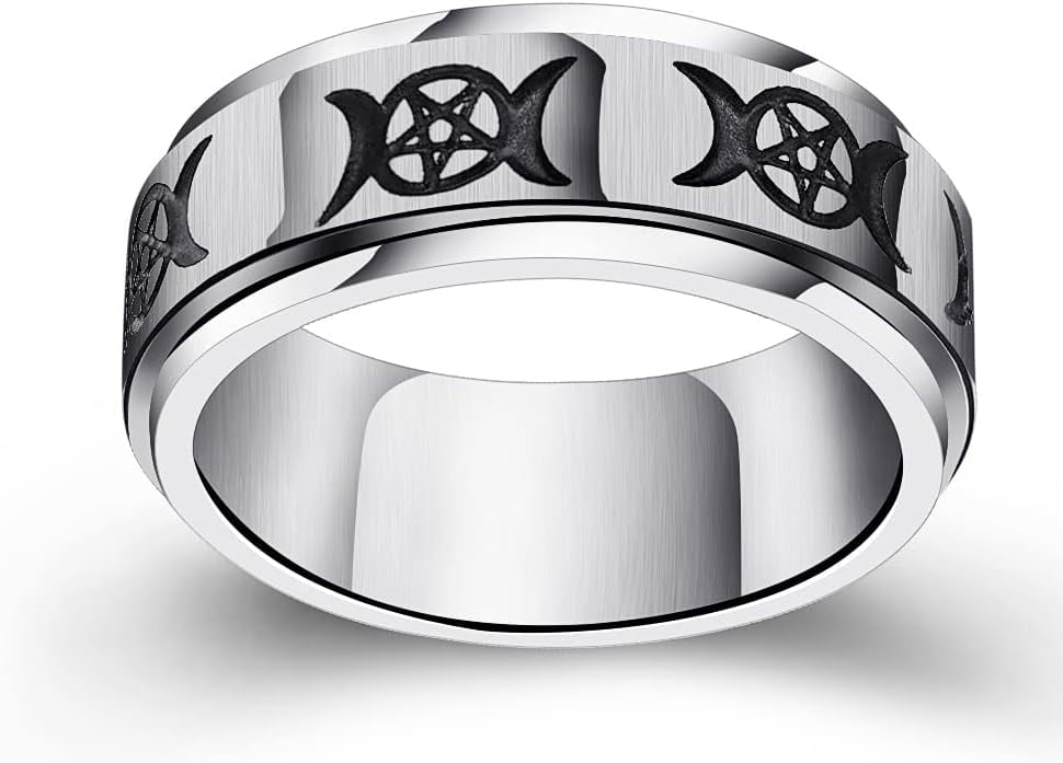 Goddess Pentagram Stainless Steel Wicca Pagan Triple Moon Spinner Band ...