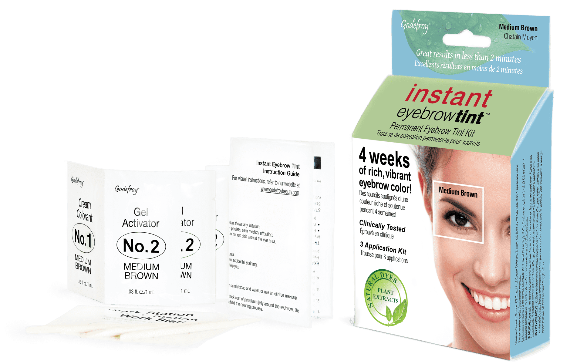 Godefroy Instant Long Lasting Brow Tint, 3 Application kit, Medium ...