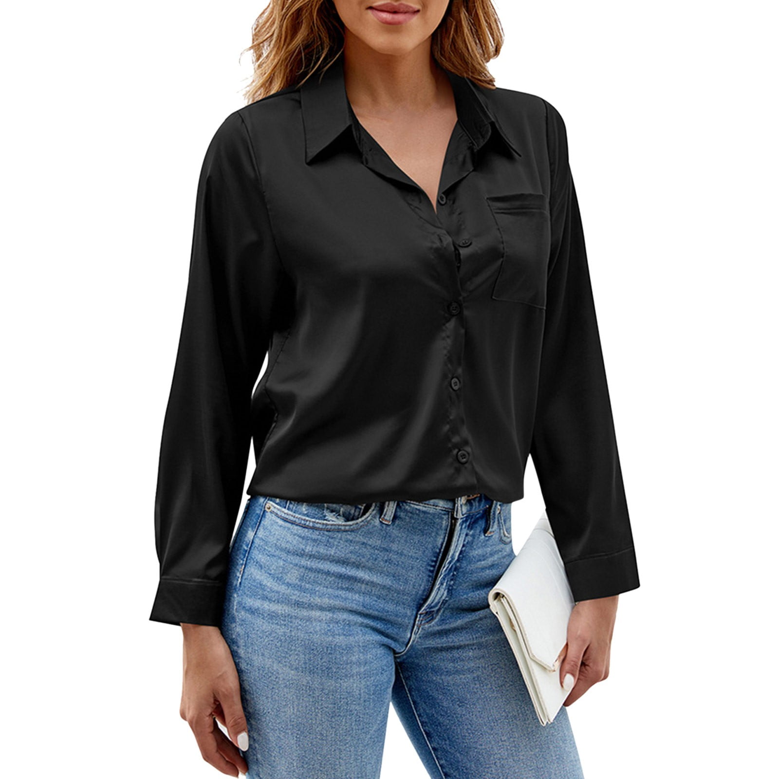 Godokuleh Dress Shirts for women Long Sleeve Solid Color Button Down Shirts Silk Satin with ...