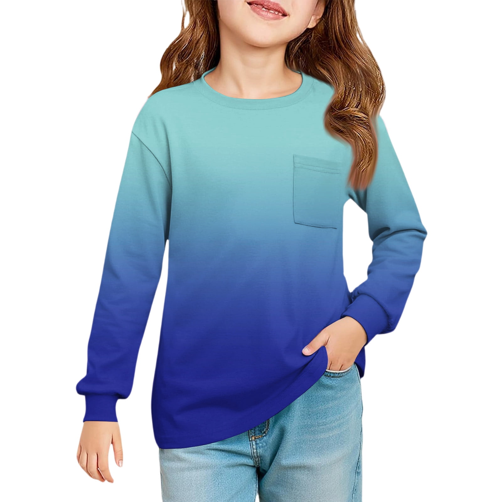 Godokuleh Girls Long Sleeve Shirt With Pocket Casual Gradient Crewneck