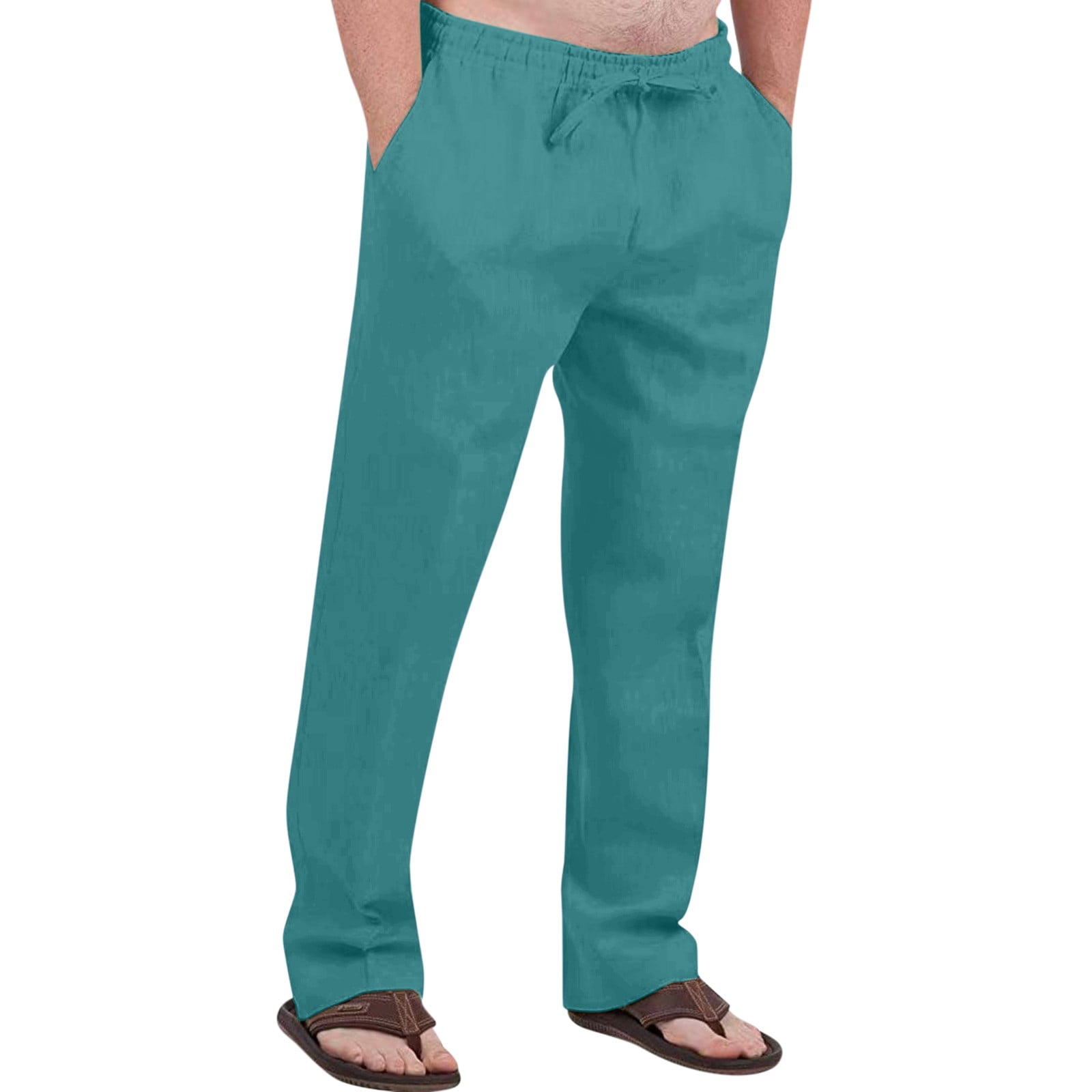 Godokuleh Men's Casual Linen Pants Elastic Waist Drawstring Beach ...
