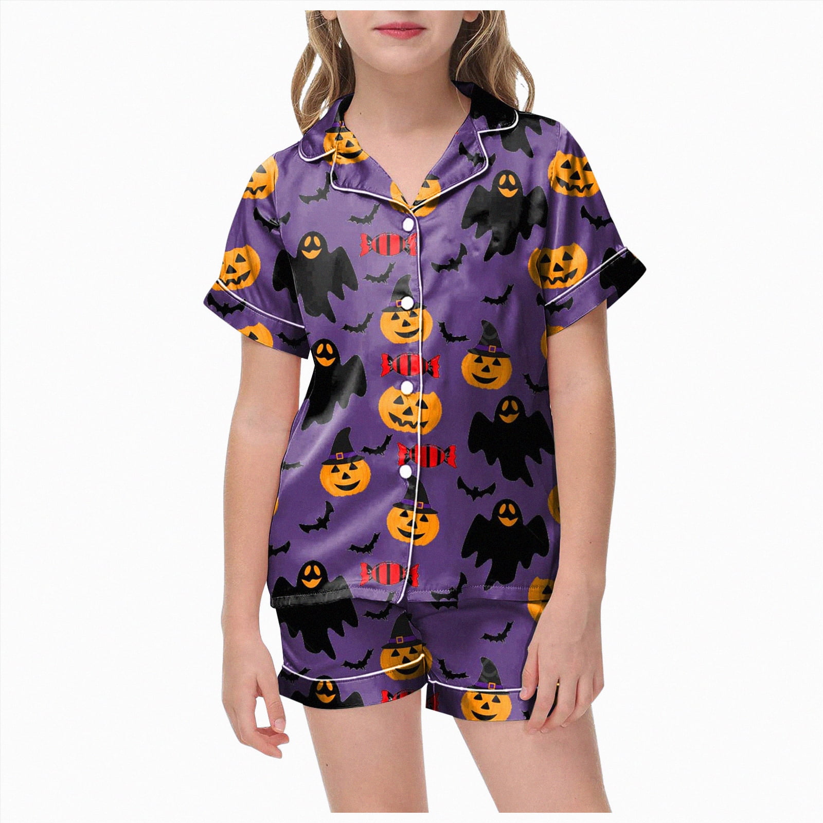 Godom Girls Halloween Pajamas New Lapel Short Sleeve Cute Ghost Print ...