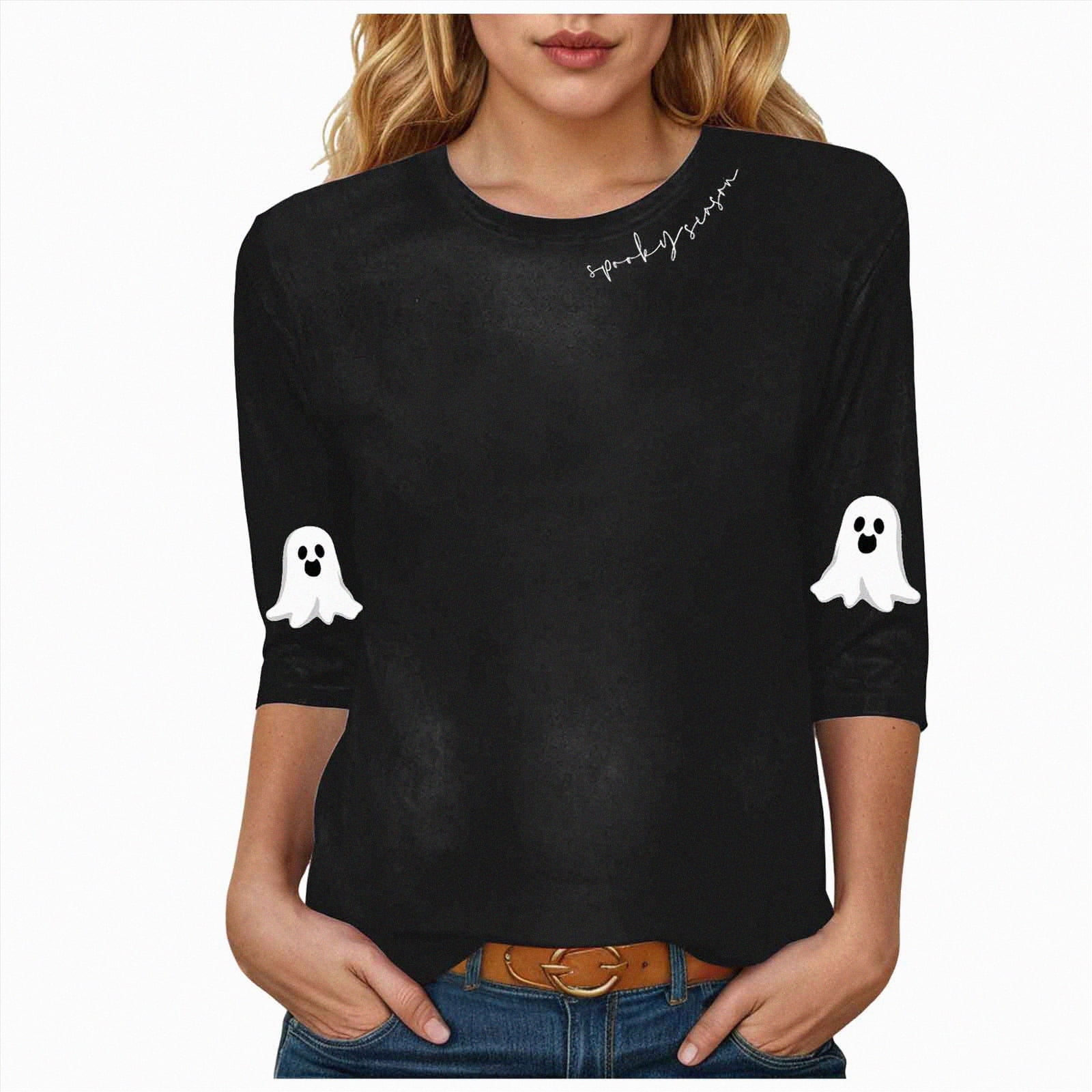Godom Halloween Shirts for Women 2025,3/4 Sleeve Ghosts Graphic Tee ...