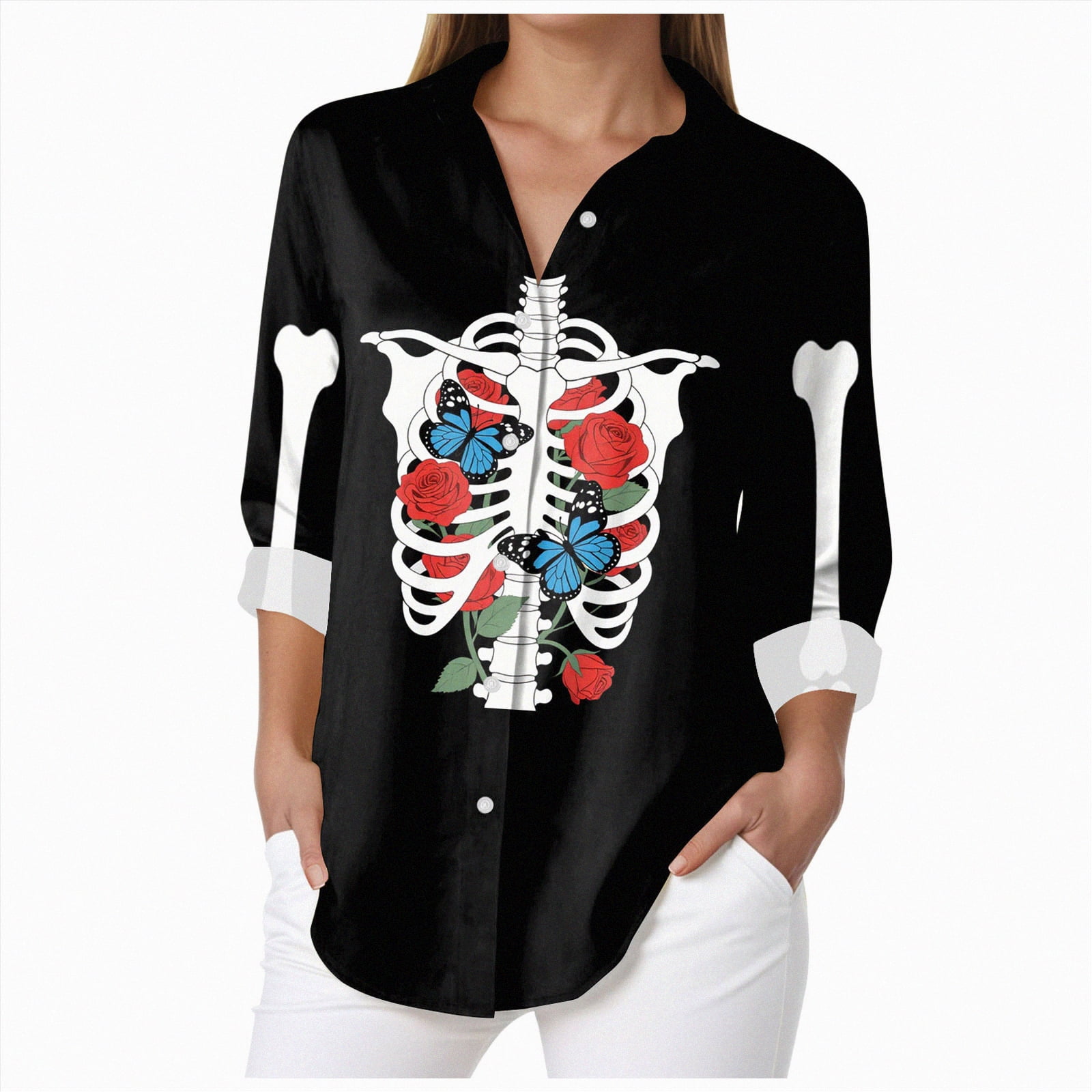 Godom Womens Halloween Shirt Cute Ghosts Print Button Down Shirts Long Sleeve Loose Fit Blouses ...