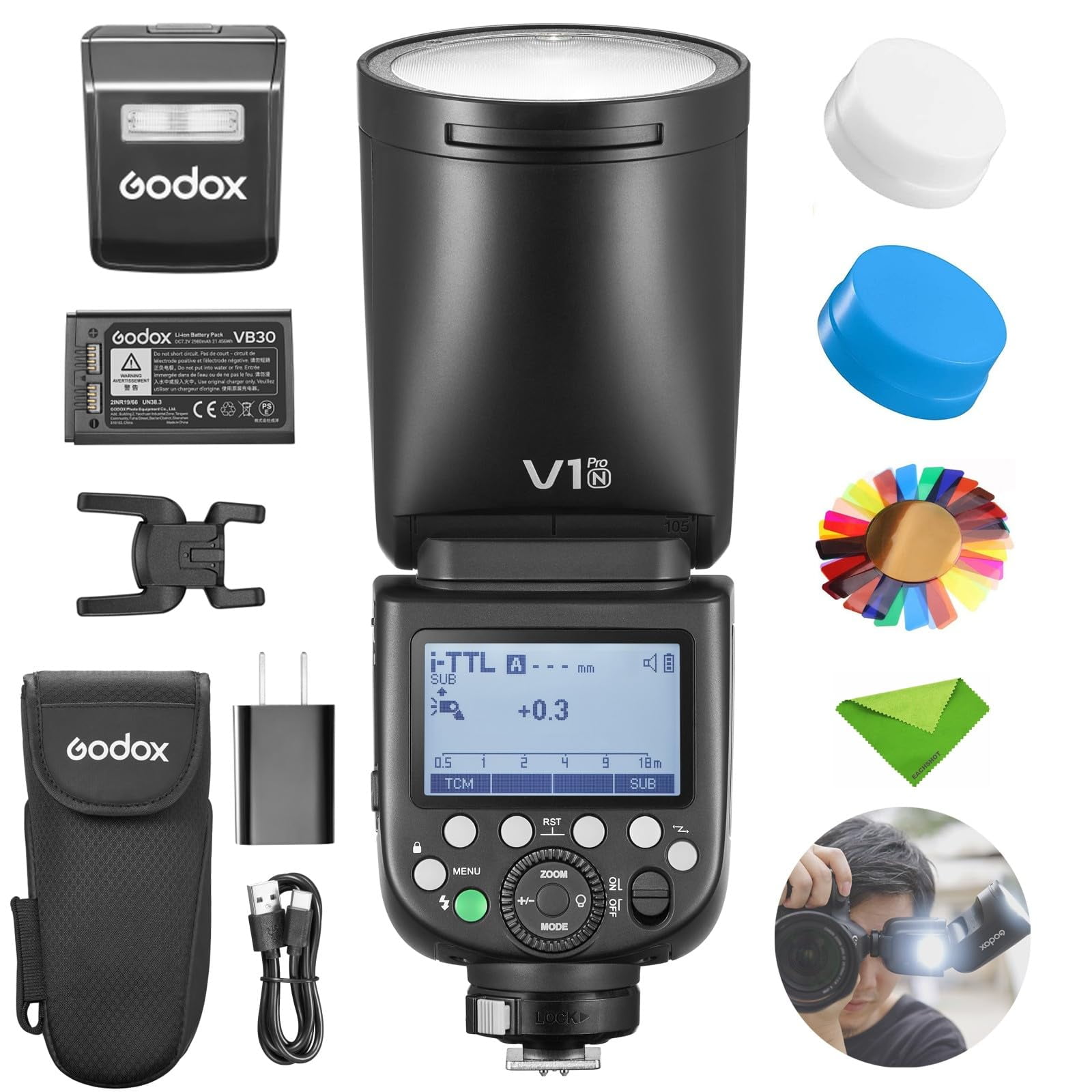 Godox V1 V1Pro N Flash for Nikon Camera TTL Speedlight, 1/8000 HSS 500 Full Power Flashes, 1.3s ...