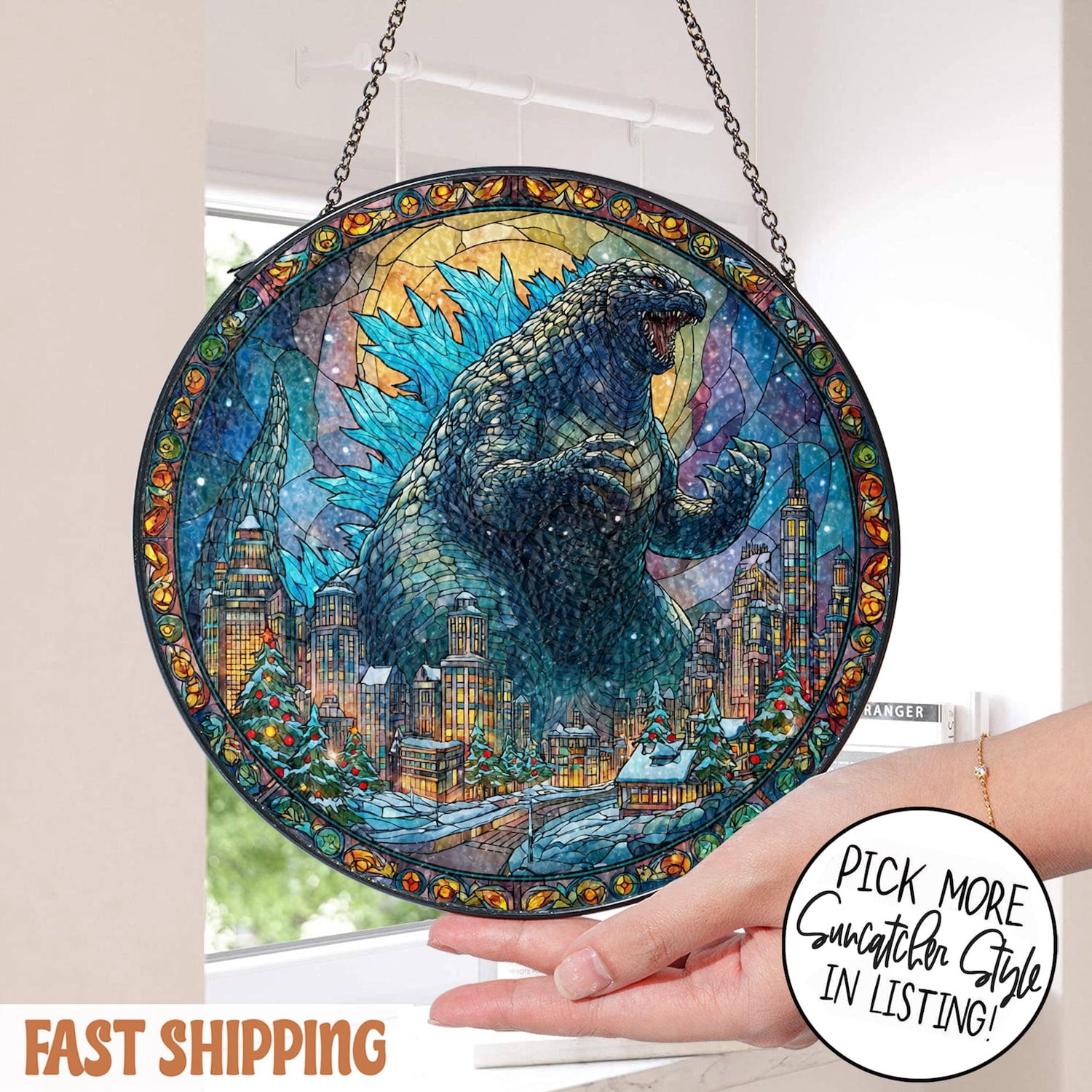 Godzilla Christmas Stained Glass Suncatcher, Christmas Godzilla ...