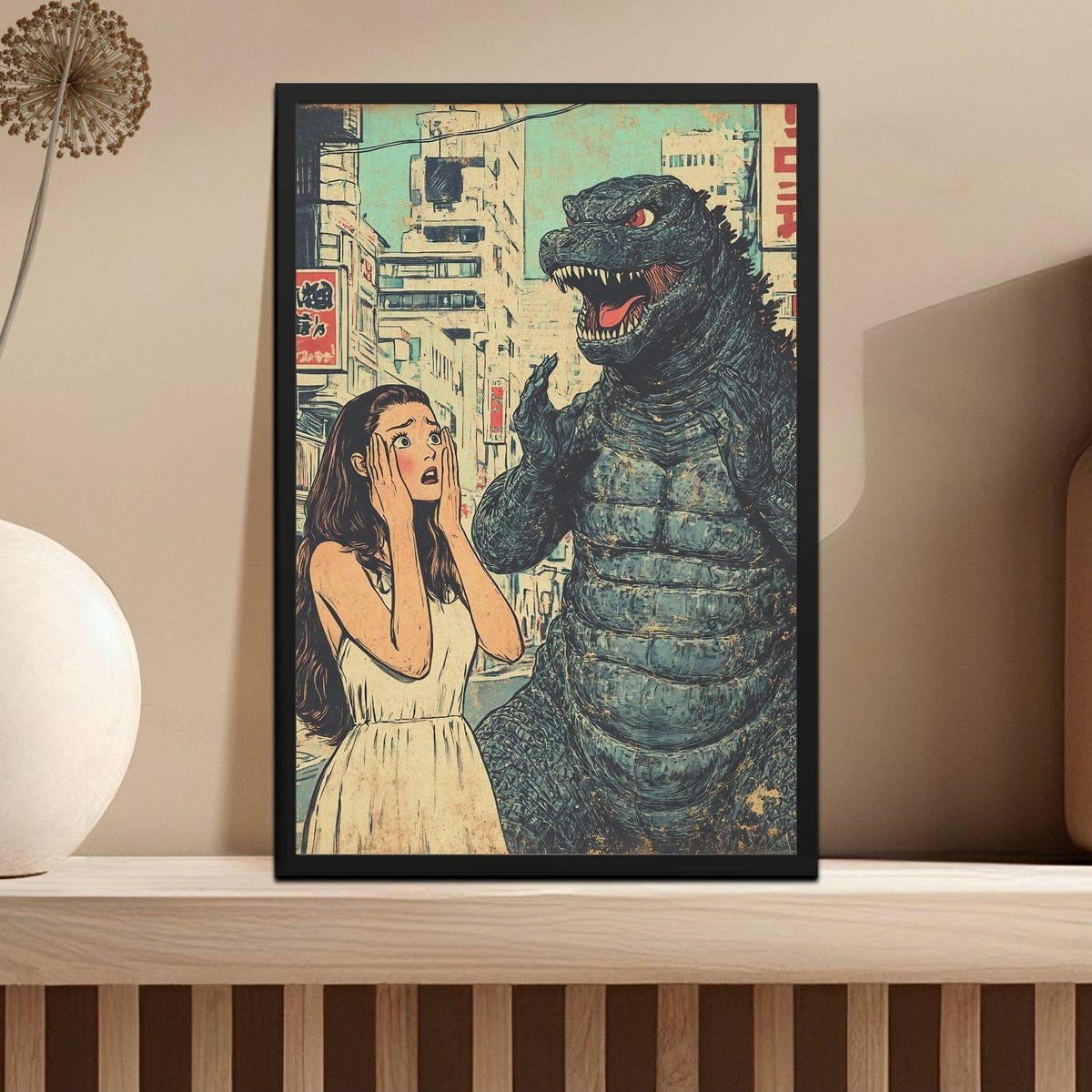 Godzilla Encounter Posters, Retro Kaiju Art, Scared Girl Posters, Movie Monster Prints, City ...