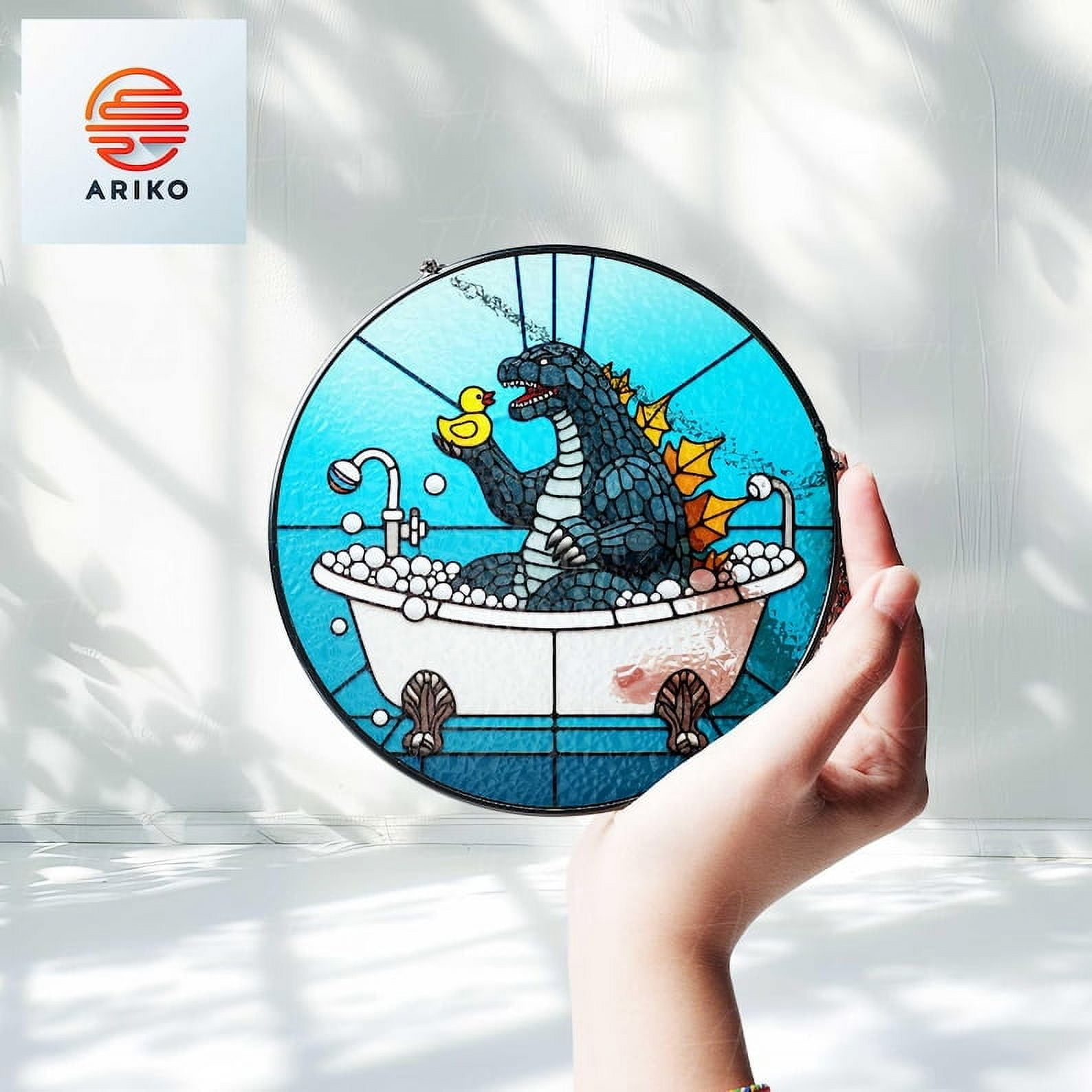 Godzilla Funny bathroom Glass Suncatcher, Funny Bathroom FAUX stained ...