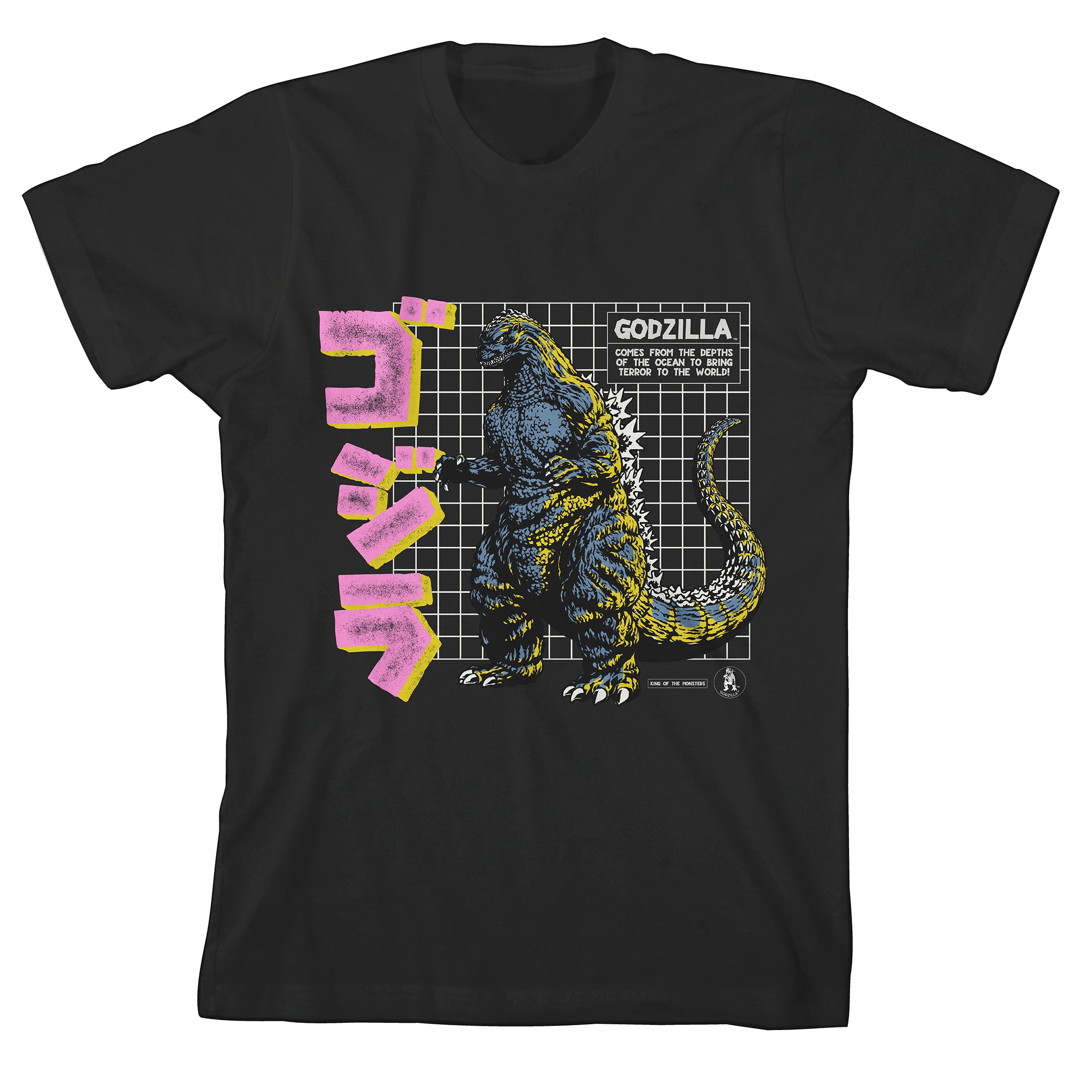 Godzilla Grid & Kanji Crew Neck Short Sleeve Boy's Black T-shirt-Large ...