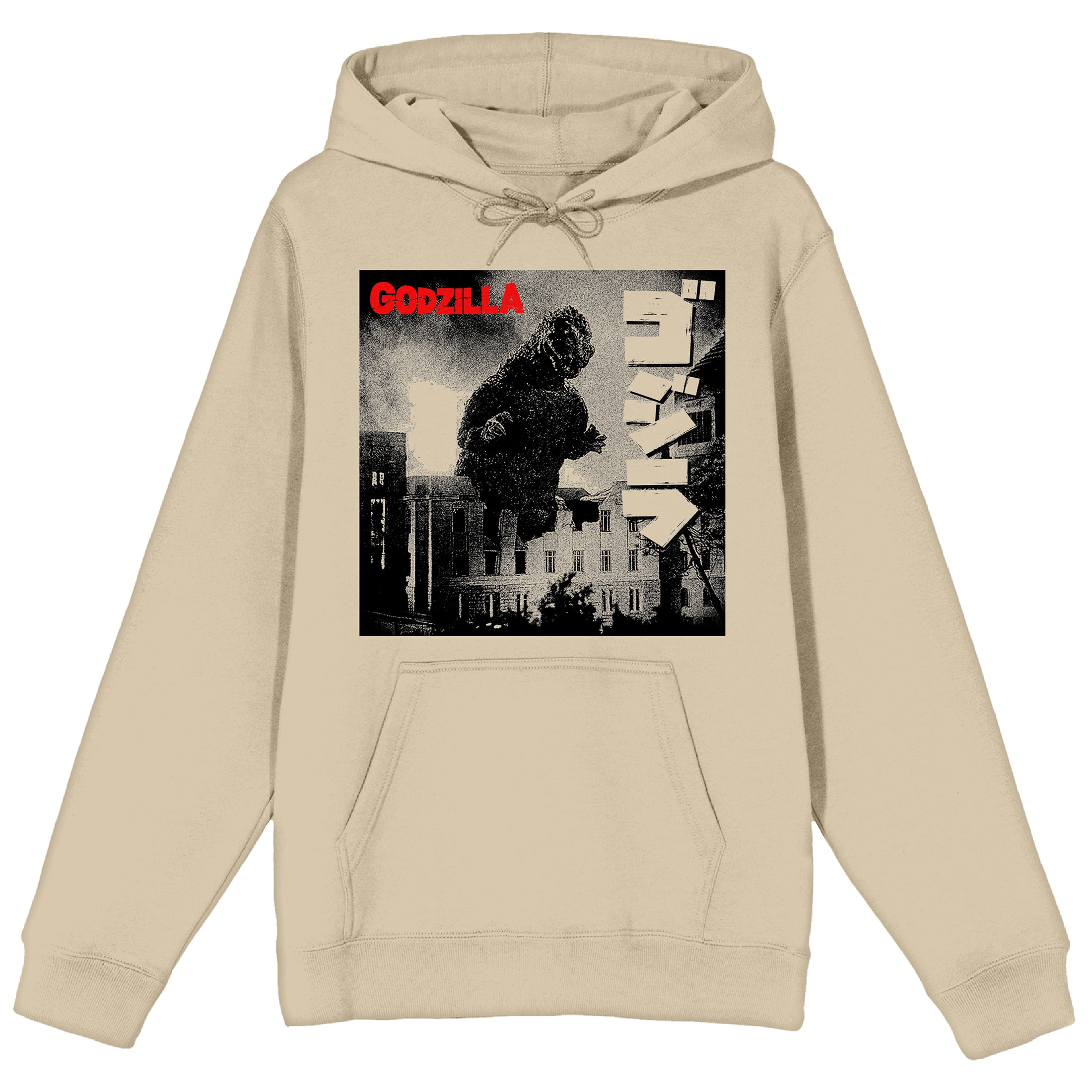 Godzilla Half-Tone Poster Long Sleeve Adult Cream Hooded Sweatshirt ...