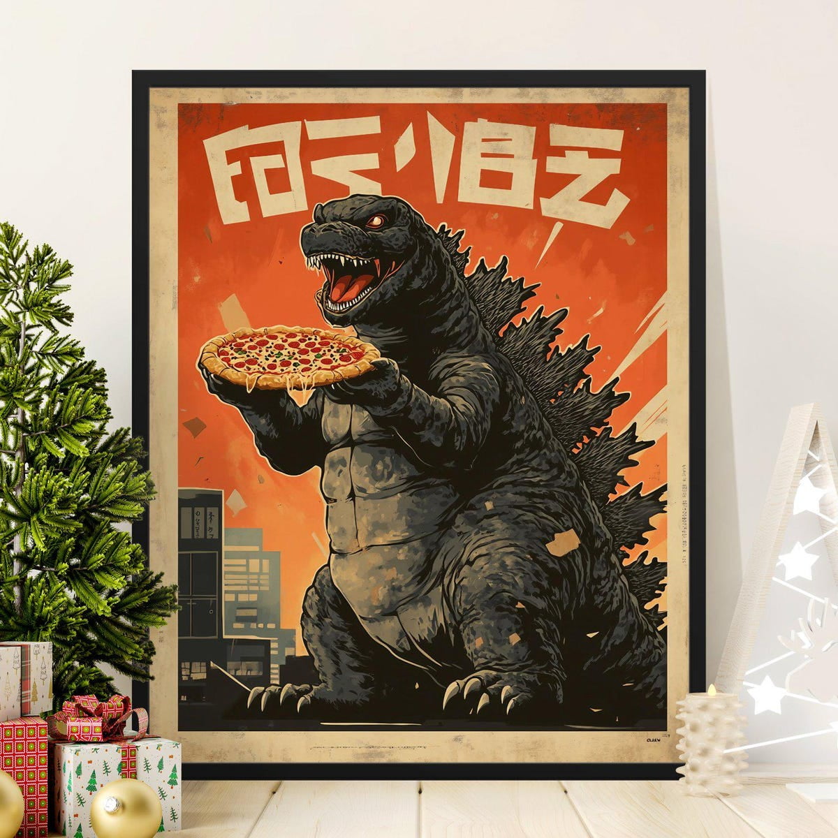 Godzilla Japanese Pizza Poster, Funny Kaiju Wall Art, Pop Culture Print ...