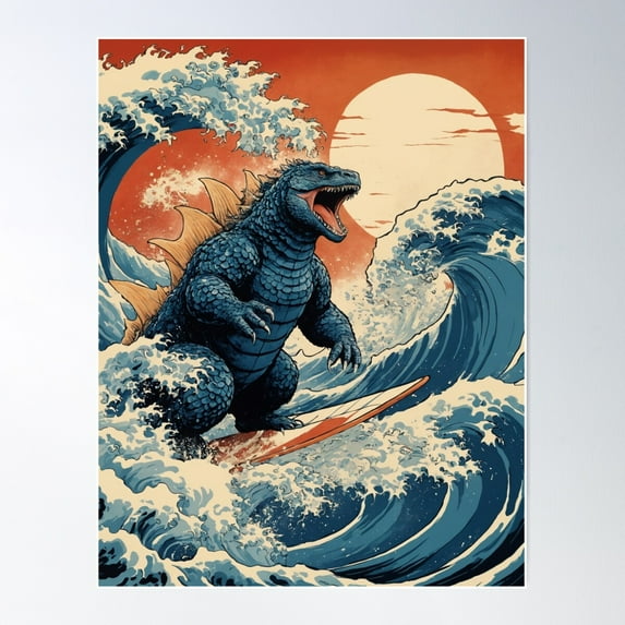 Godzilla Japanese Wave Poster Wall Art, Modern Wall Decor For Living ...