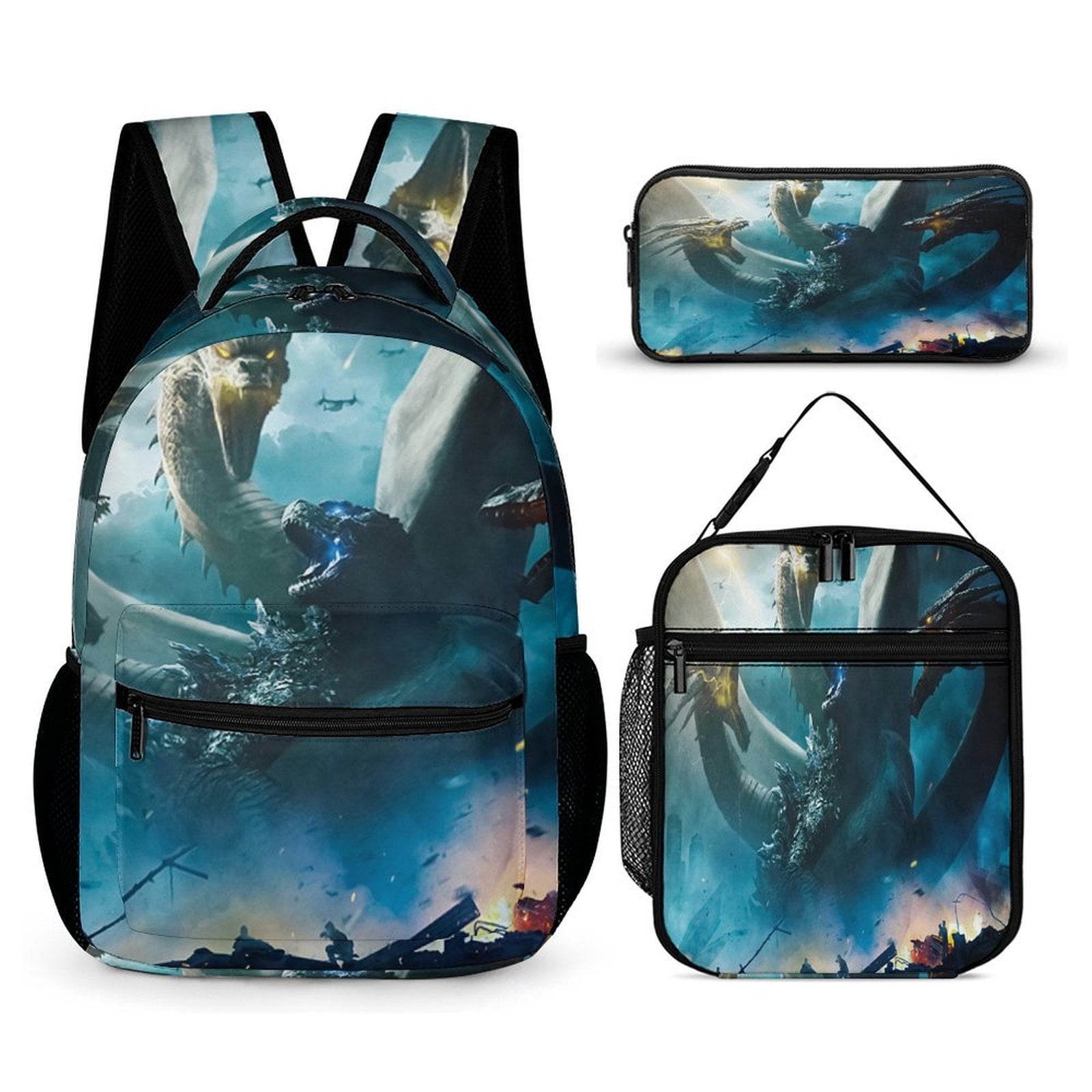 Godzilla King of The Monsters 3 Piece Backpack Set Anime Casual Daypack ...