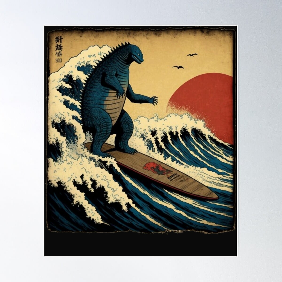 Godzilla Surfing The Great Wave By Hokusai Funny Parody Poster Wall Art ...