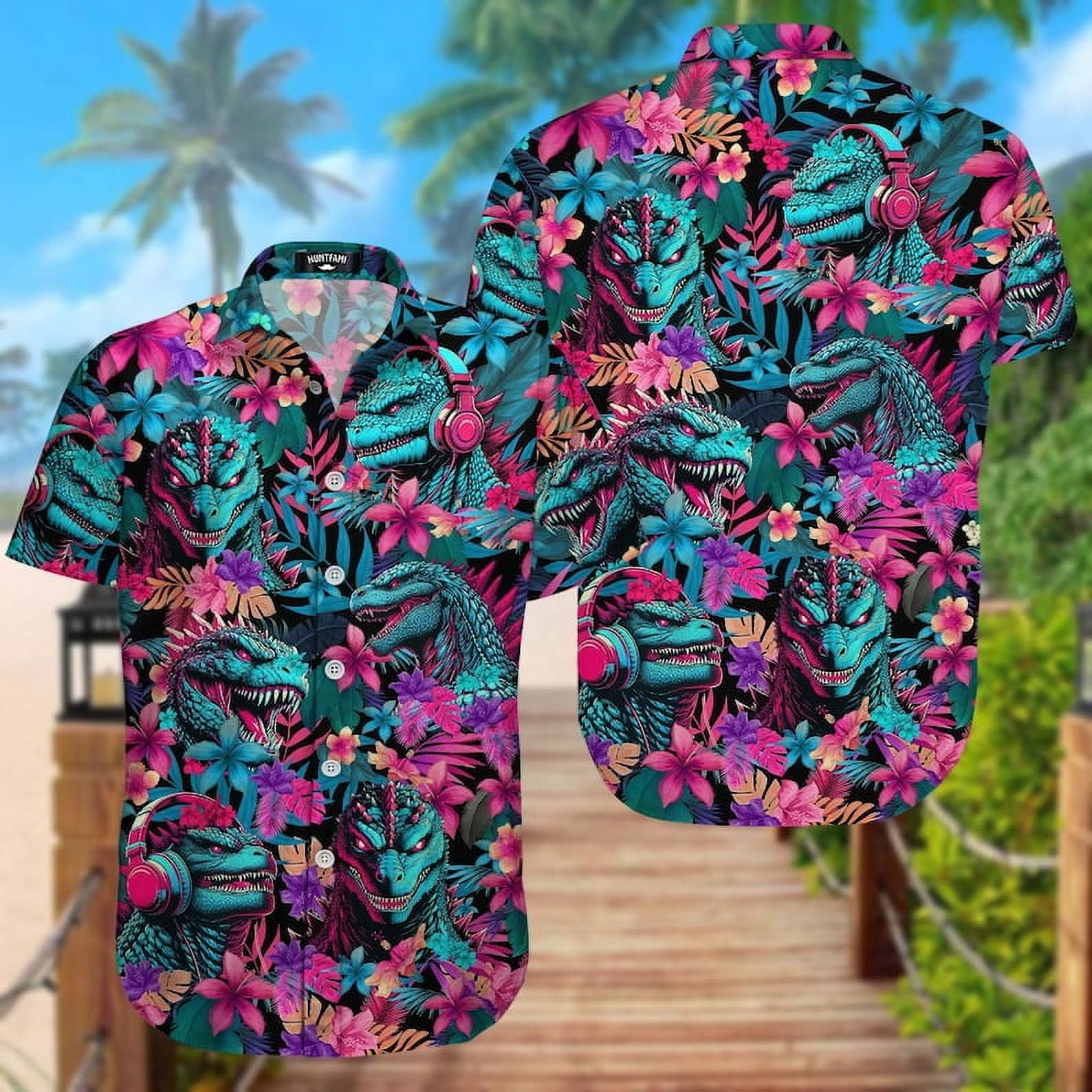 Godzilla Tropical Button Hawaiian Shirt, Dinosaur Hawaiian Shirt, Retro ...