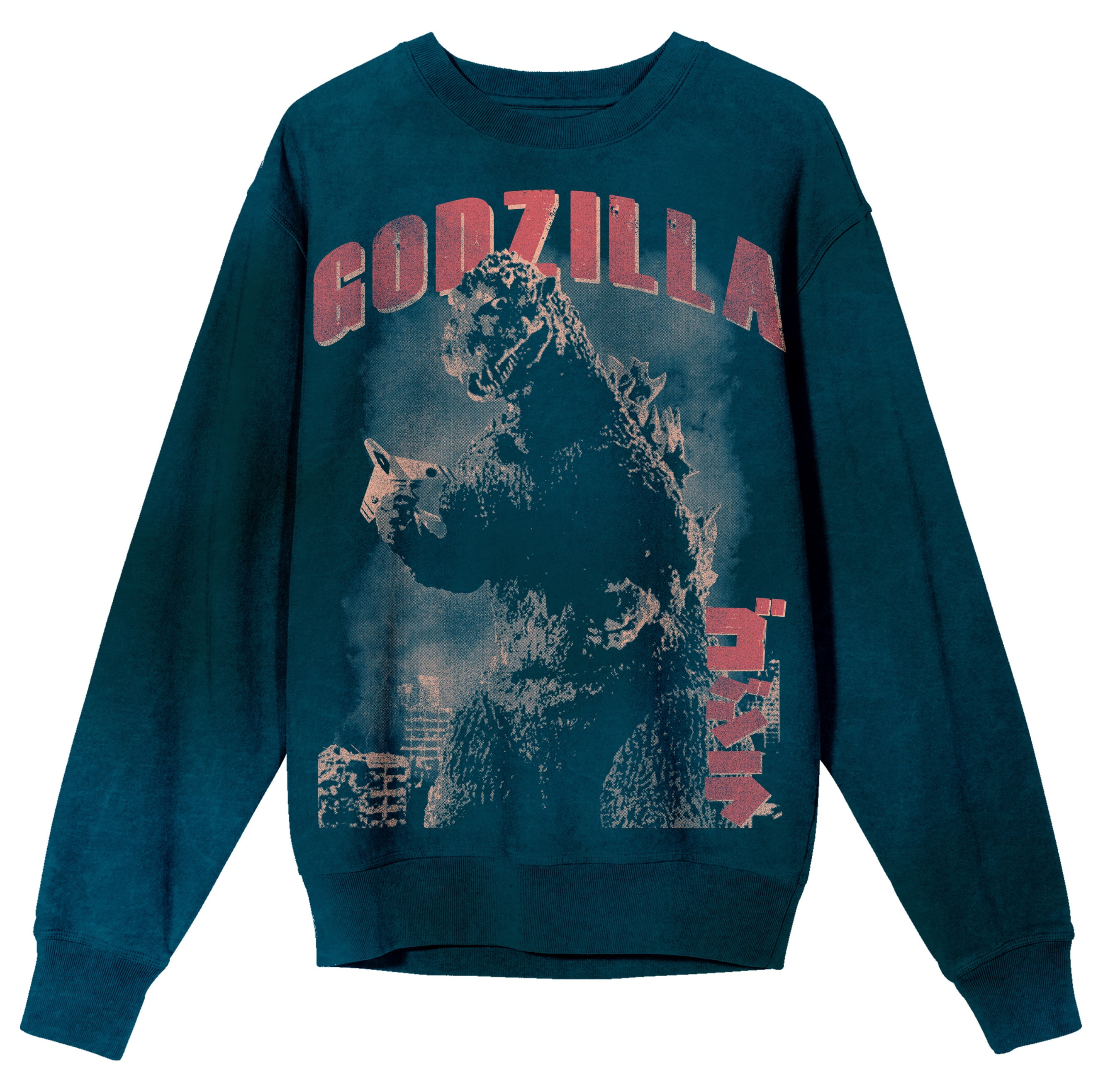 Godzilla Vintage Art Crew Neck Long Sleeve Dark Cyan Mineral Wash Adult ...