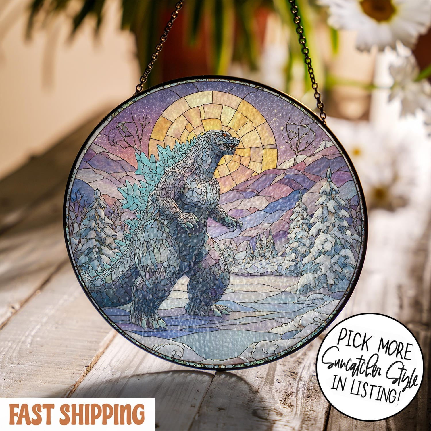 Godzilla Winter Stained Glass Suncatcher, Winter Godzilla Ornament ...