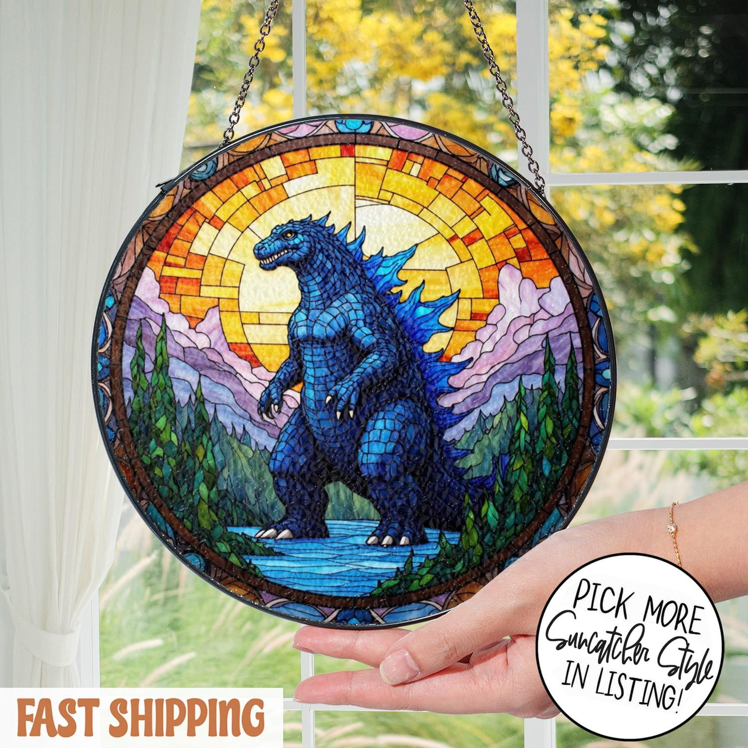 Godzilla in Scenic Landscape Stained Glass Suncatcher, Monster Godzilla ...