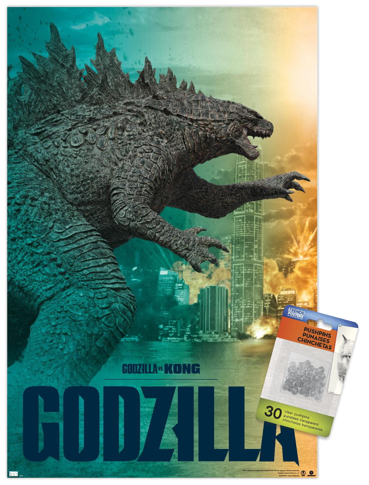 Godzilla vs. Kong - Godzilla Wall Poster with Push Pins, 14.725" x 22. ...