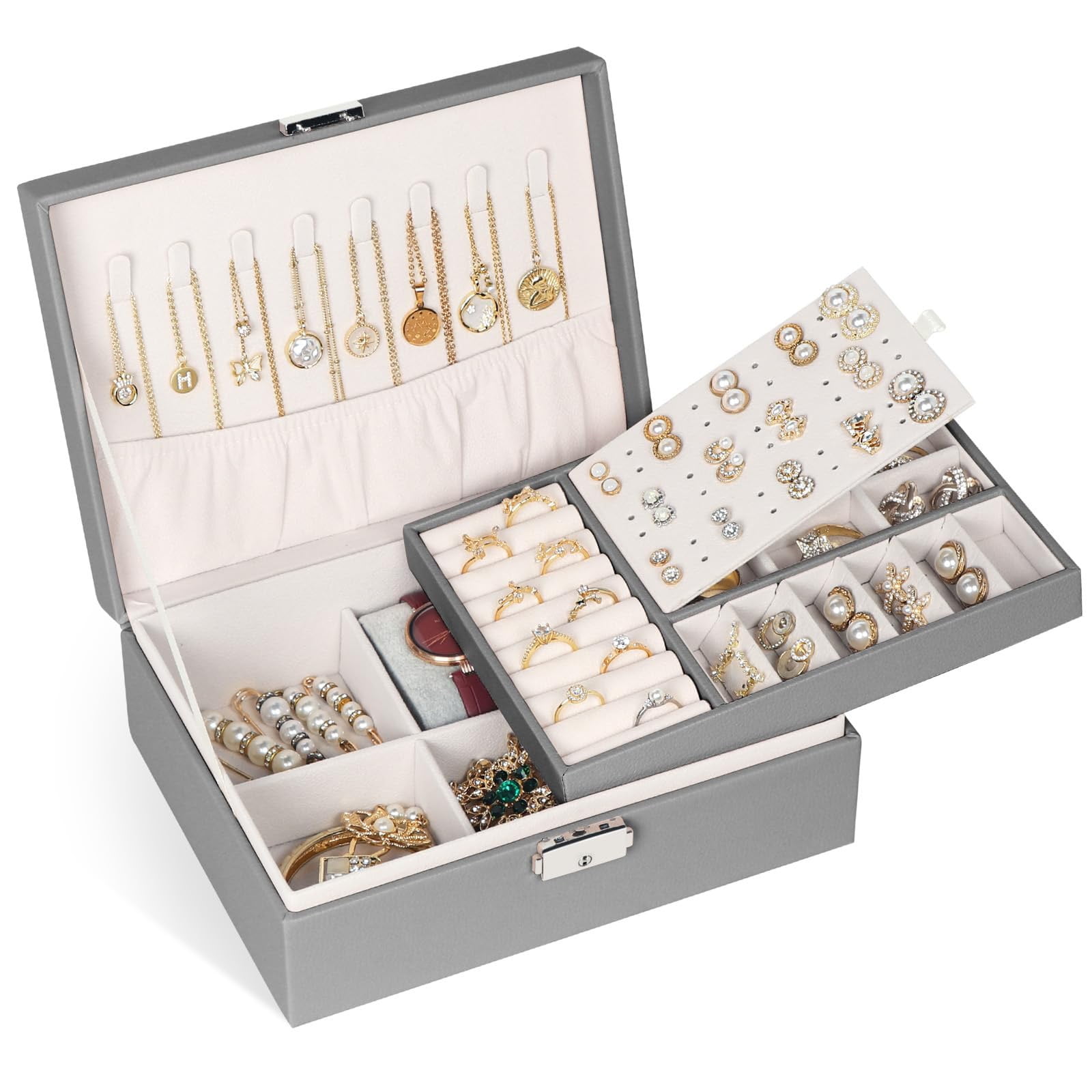 Gogcaro Jewelry Box Organizer for Women Girls, 2 Layer Large Men Jewelry Storage Case, PU ...
