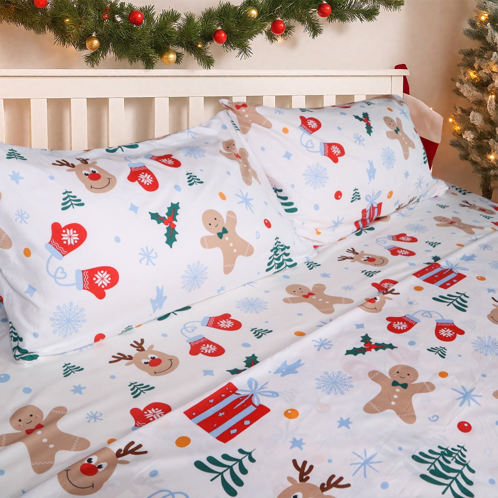 Gogreen 4PC Queen Christmas Sheet Set Deep Pocket Fit 16", Breathable Microfiber Soft Queen ...