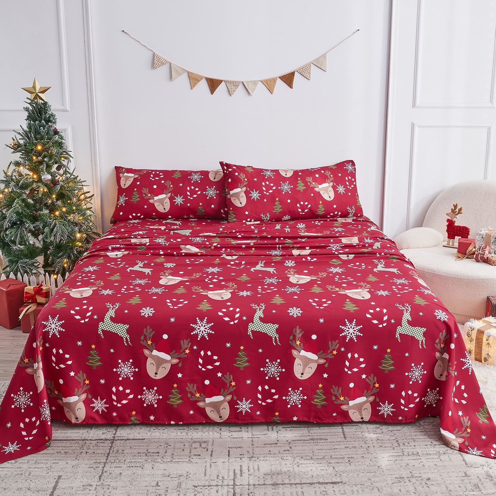 Gogreen 4PC Christmas Sheet Queen Deep Pocket Fit 16", Breathable Microfiber Super Soft ...