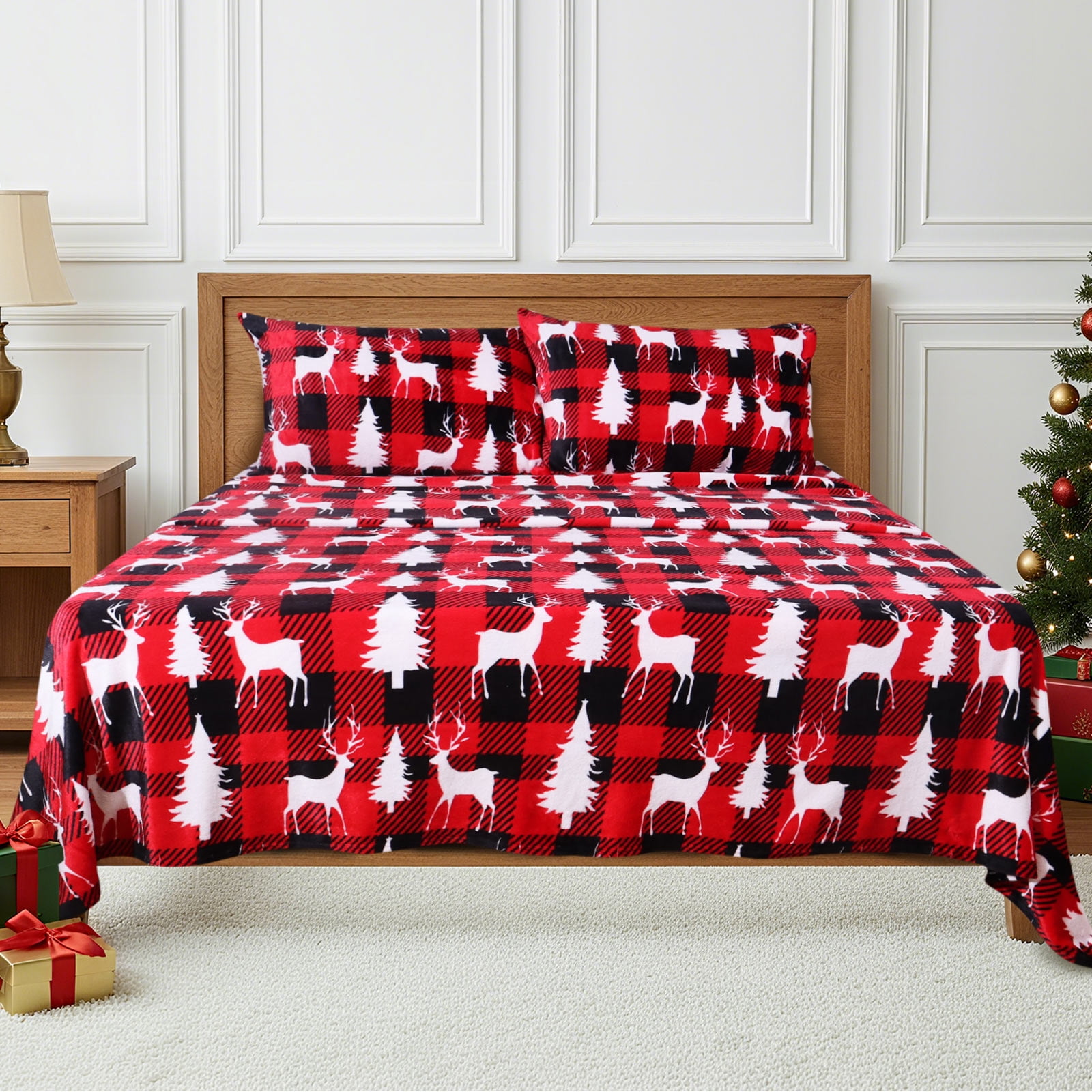 Gogreen Flannel Sheet Set Christmas Printed 4PC Deep Pocket Full Sheet ...
