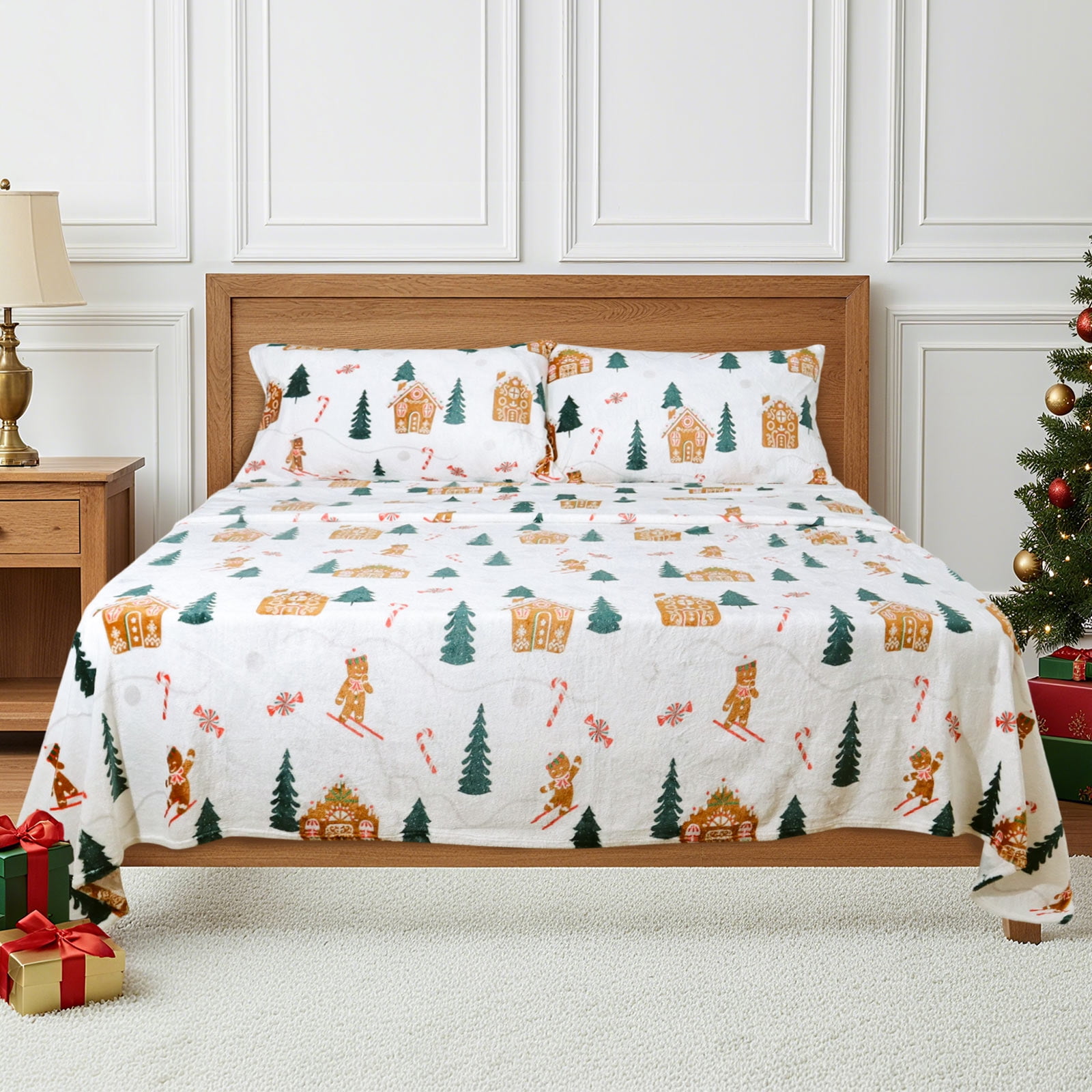 Gogreen Flannel Sheet Set Christmas Printed 4PC Deep Pocket Queen Sheet ...