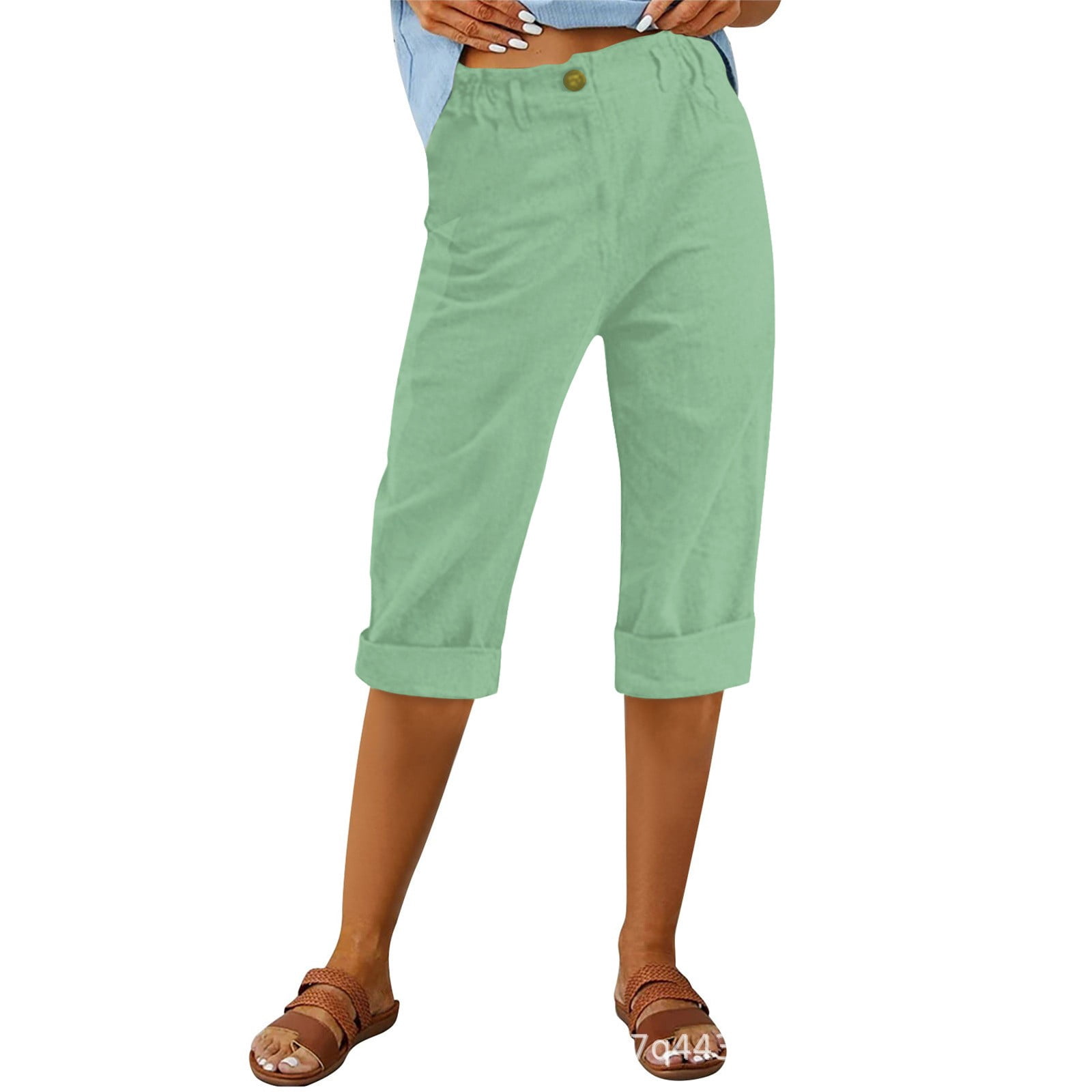 Goindgs Trousers for Womens Pants Summer Capri Linen Elastic High Waist ...
