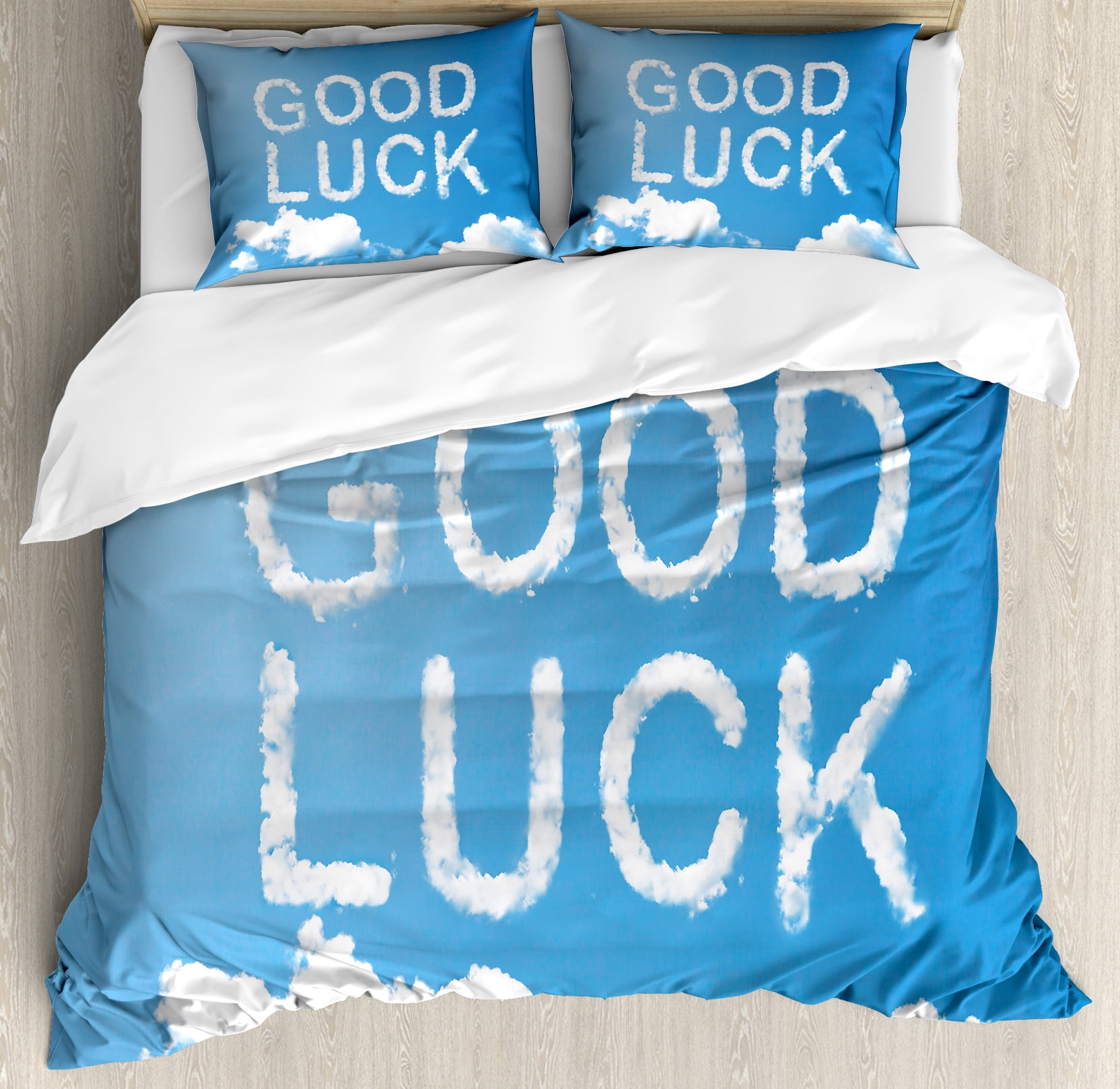 Going Away Party Duvet Cover Set, Luck Message on Sky with White Clouds Wishful Thinking Art ...