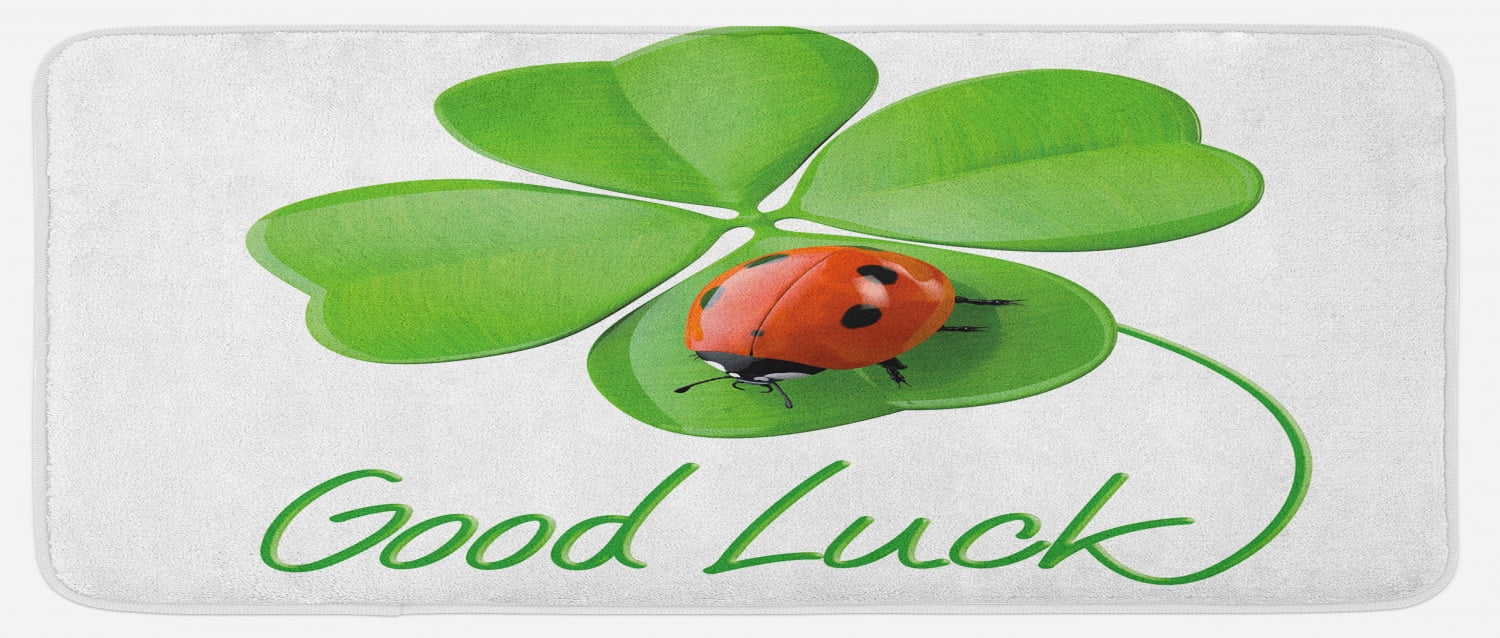 Going Away Party Kitchen Mat, Lettering Lucky 4 Leaf Clover with ...