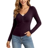 Going Out Tops for Women Button Front Pure Color Long Sleeve Crew Neck ...
