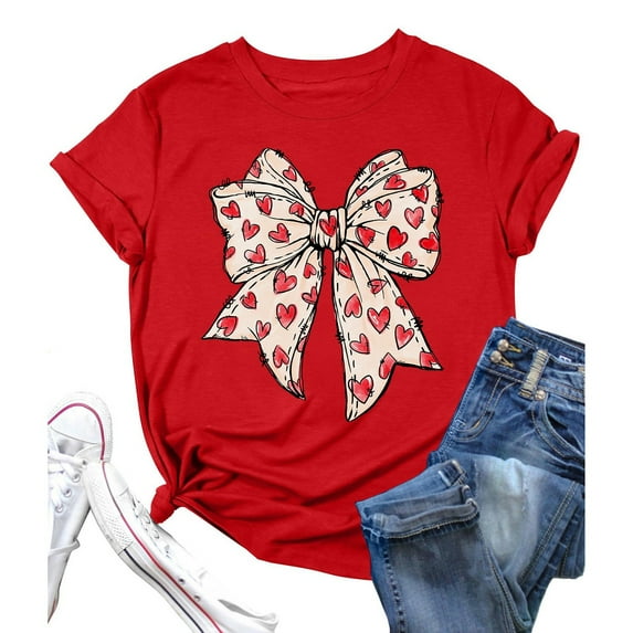 Going Out Tops for Women Valentine Day Bow Tie Print Short Sleeve T ...