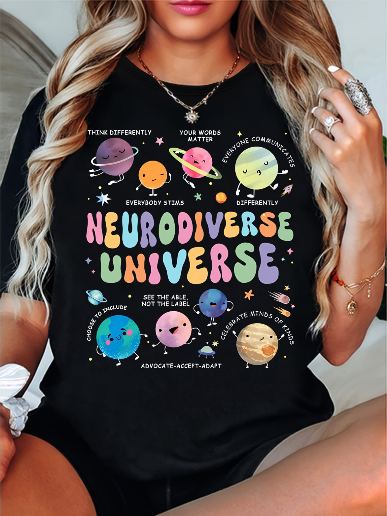 Going Outfits - Neurodiverse Universe Printed T-Shirt, Fun Cosmic Planets, Teacher T-Shirt, a ...