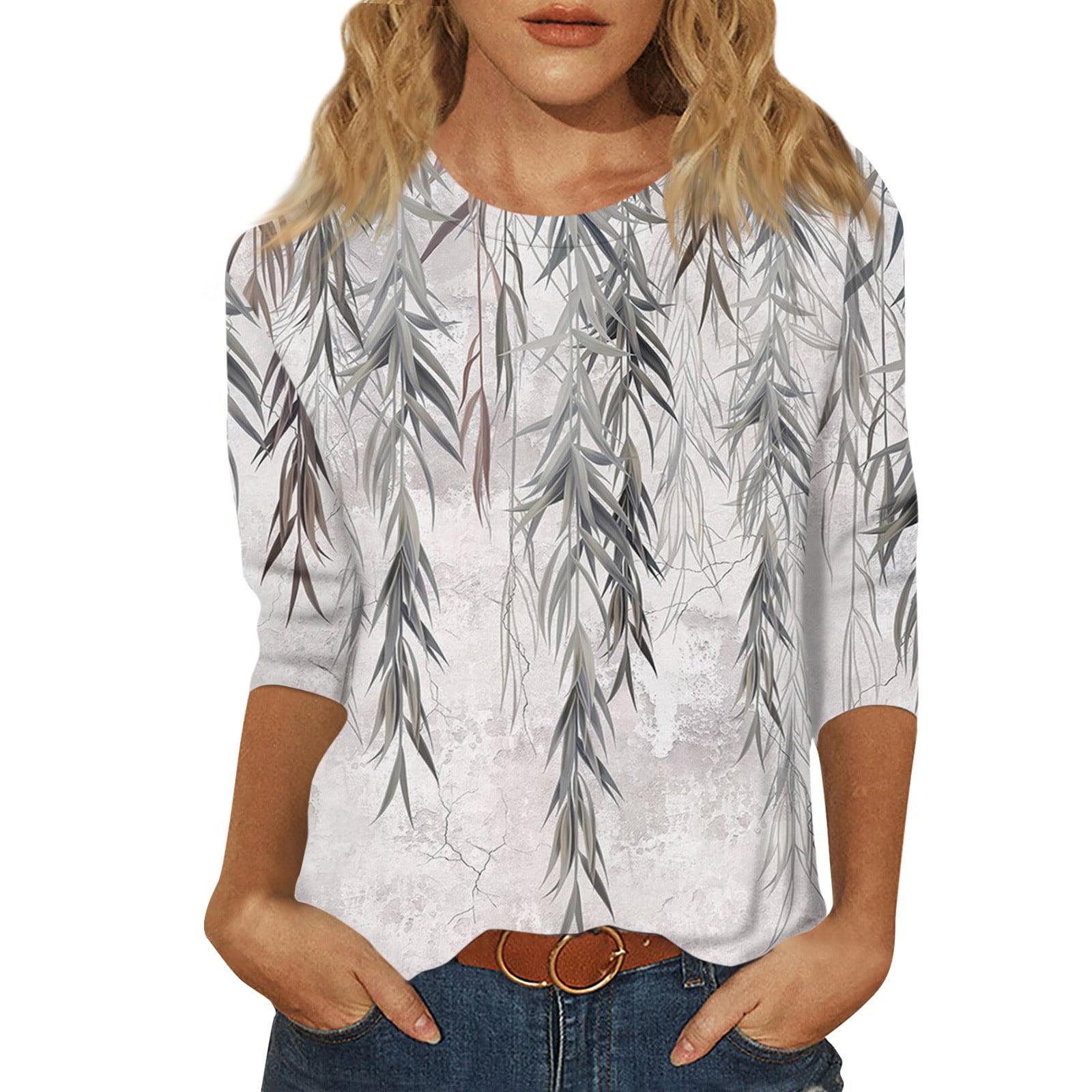Womens 3/4 Sleeve Tops and Blouses Trendy Floral Print Tshirts Plus ...