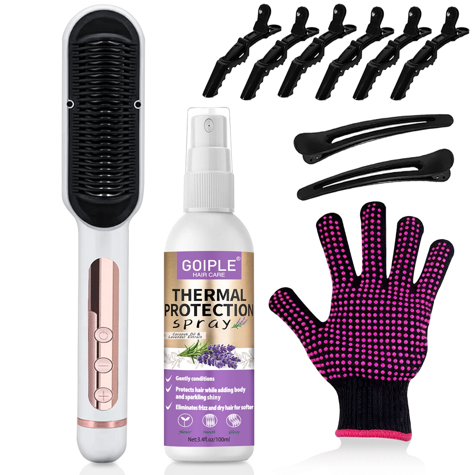 Goiple Ionic Hair Straightener Brush Kit – Lavender & Castor Oil Heat Protect Spray, 5 Precision ...