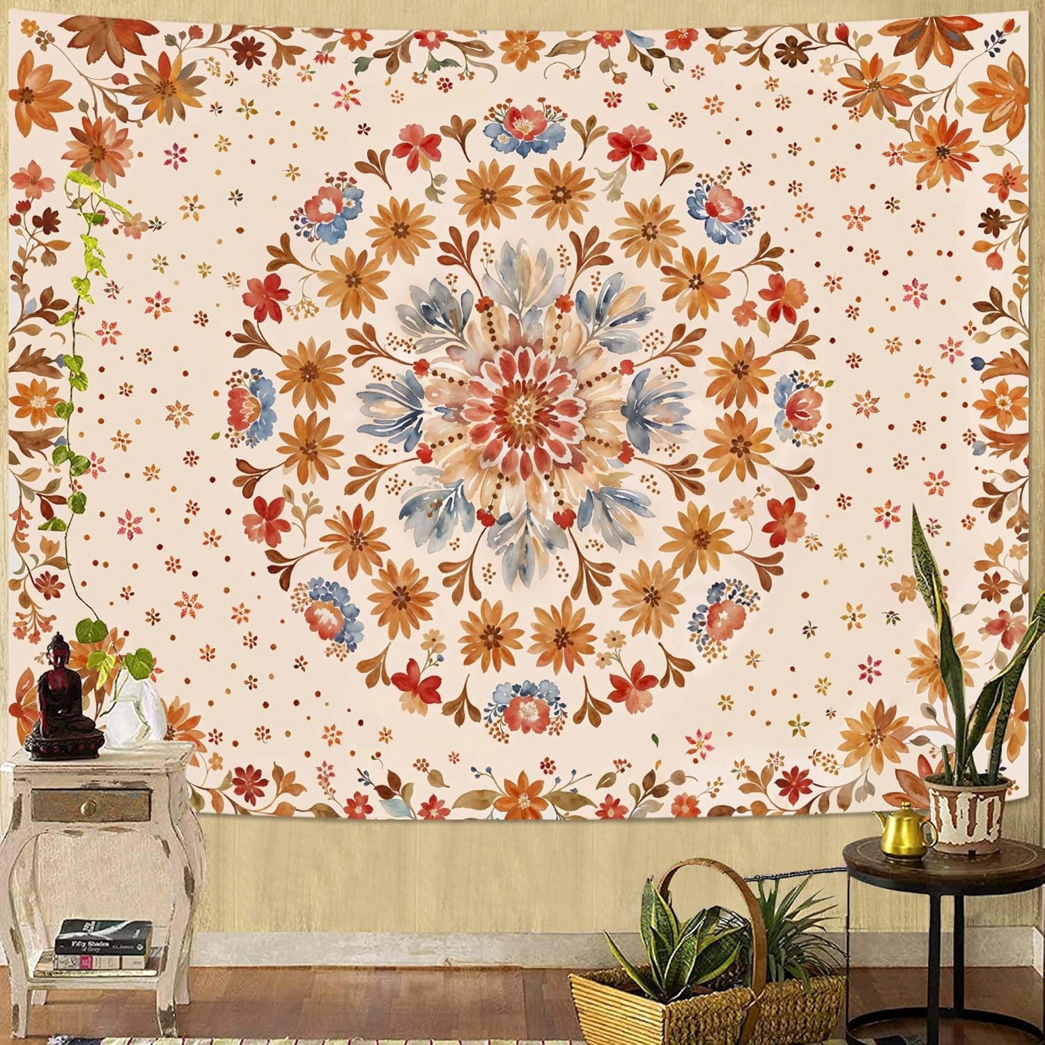 Gojian Boho Floral Mandala Tapestry Wall Hanging Pink Bohemian Flower ...
