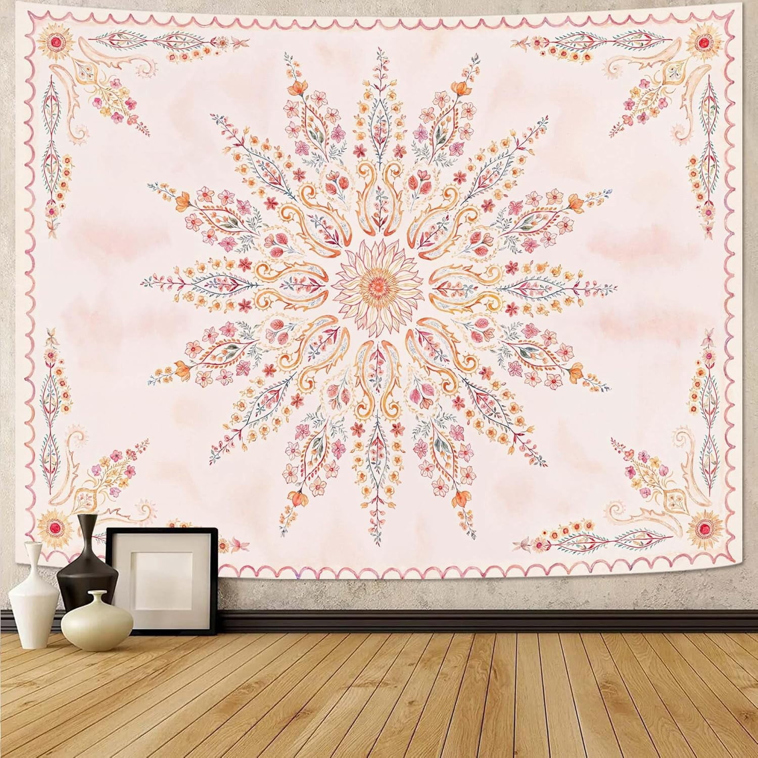 Gojian Boho Floral Mandala Tapestry Wall Hanging Pink Bohemian Flower ...