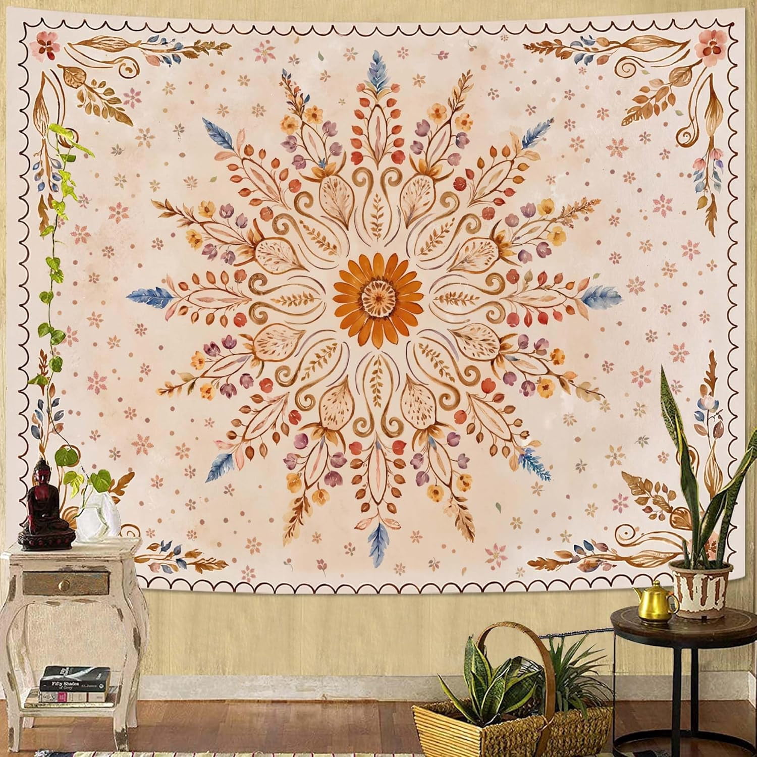 Gojian Boho Floral Mandala Tapestry Wall Hanging Pink Bohemian Flower ...