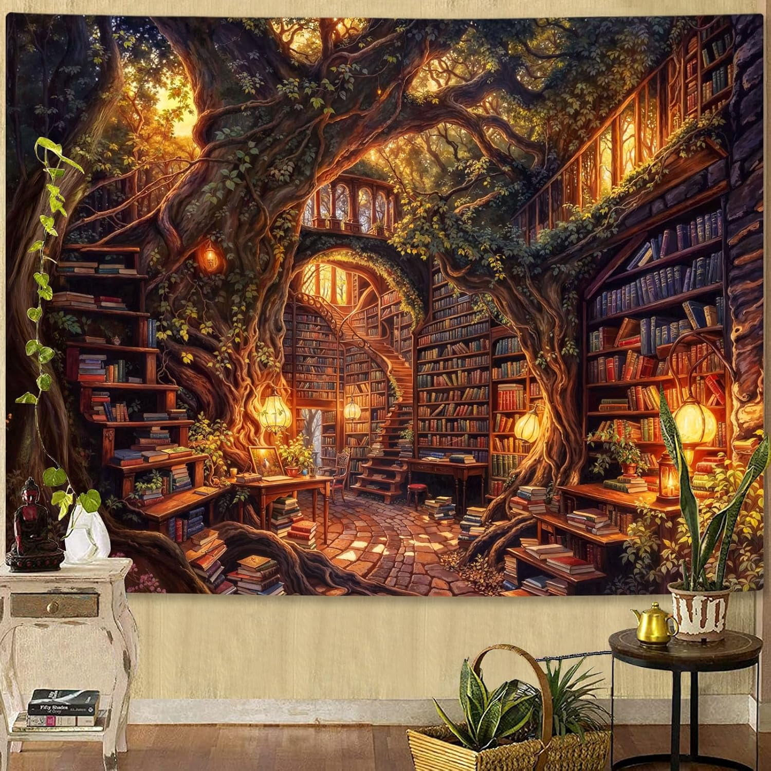 Gojian Forest Library Tapestry Tree Bookshelf Tapestries Wall Hanging ...