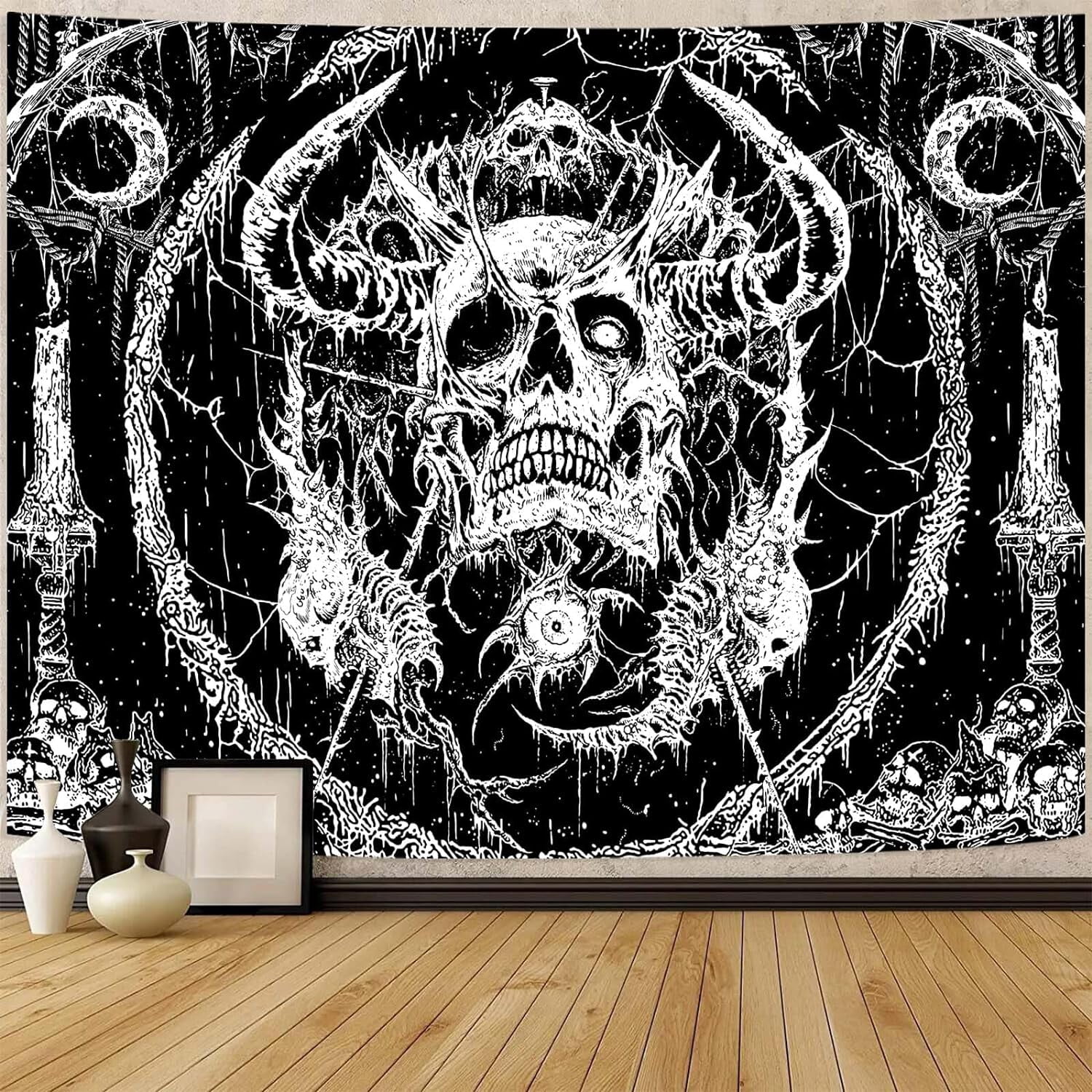 Gojian Skull Tapestry, Gothic Horror Moon Skeleton Mystic Dark ...