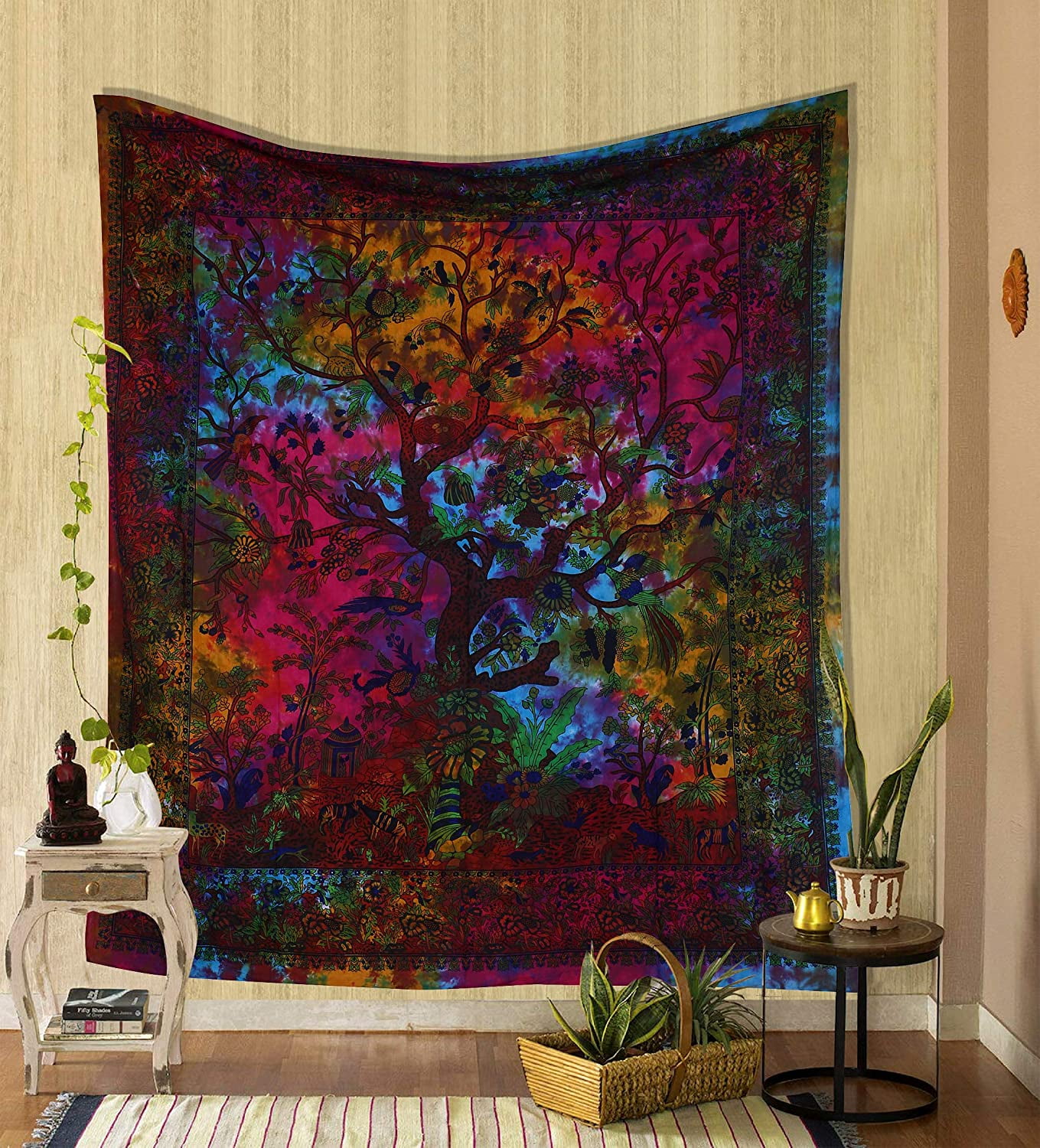 Gojian Tapestry Green Tree of Life Wall Hanging – Indian Cotton Full ...