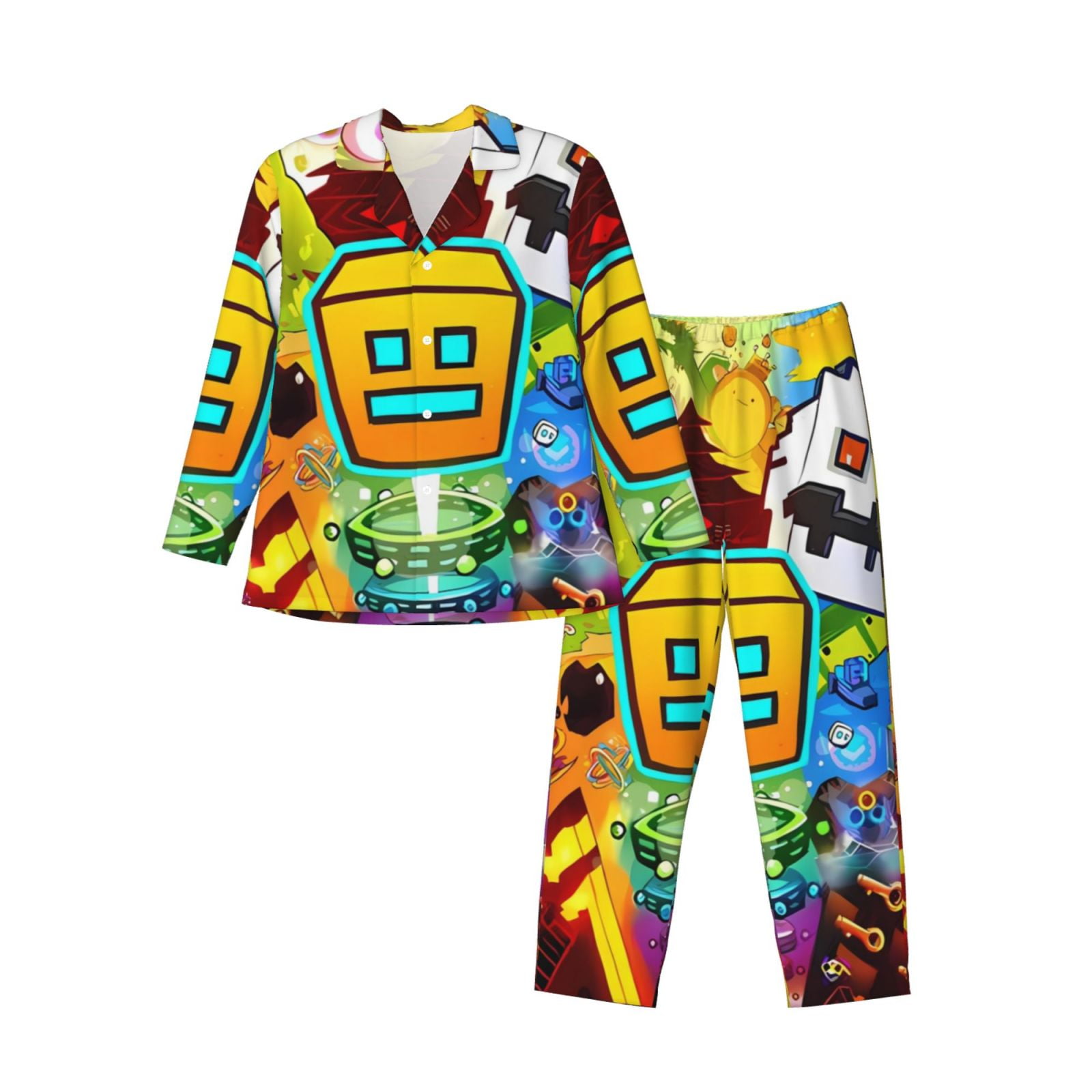 Gokiu Geometry Dash Mens Pajama Sets Long Sleeve Loungewear Button Down ...