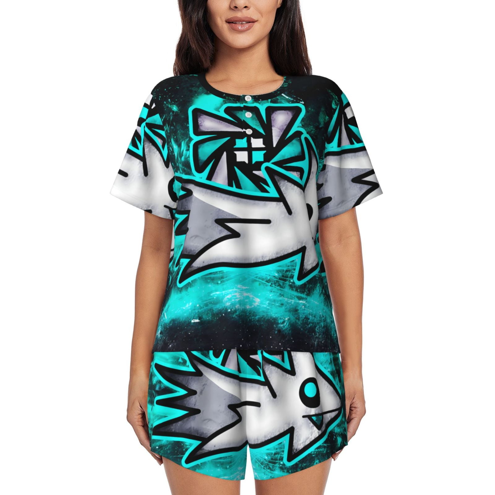 Gokiu Geometry Dash Womens Pajama Sets Lounge Short Sleeve Pjs Soft ...